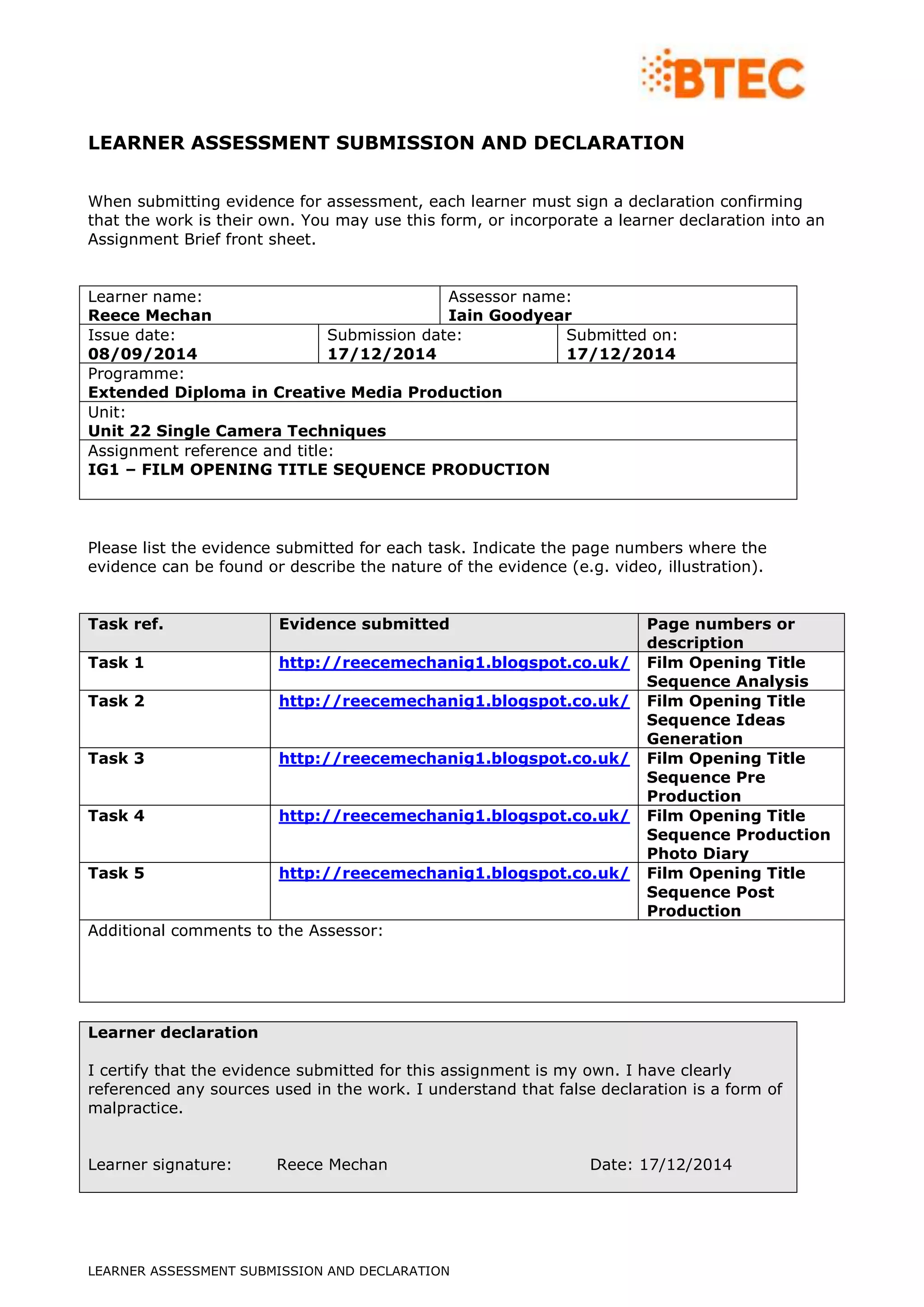 Media learner assessment submission declaration | PDF