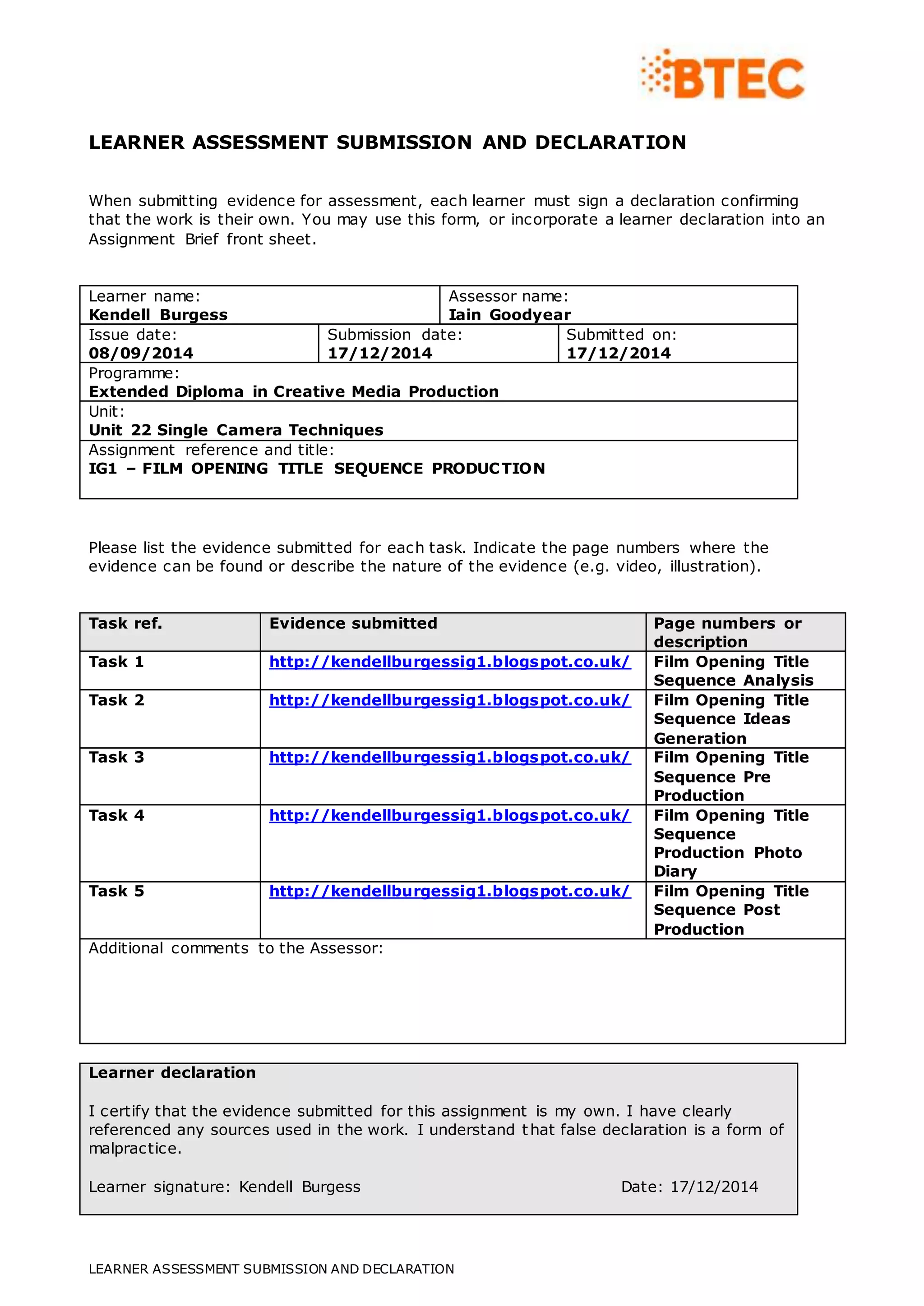 Media learner assessment submission declaration | PDF