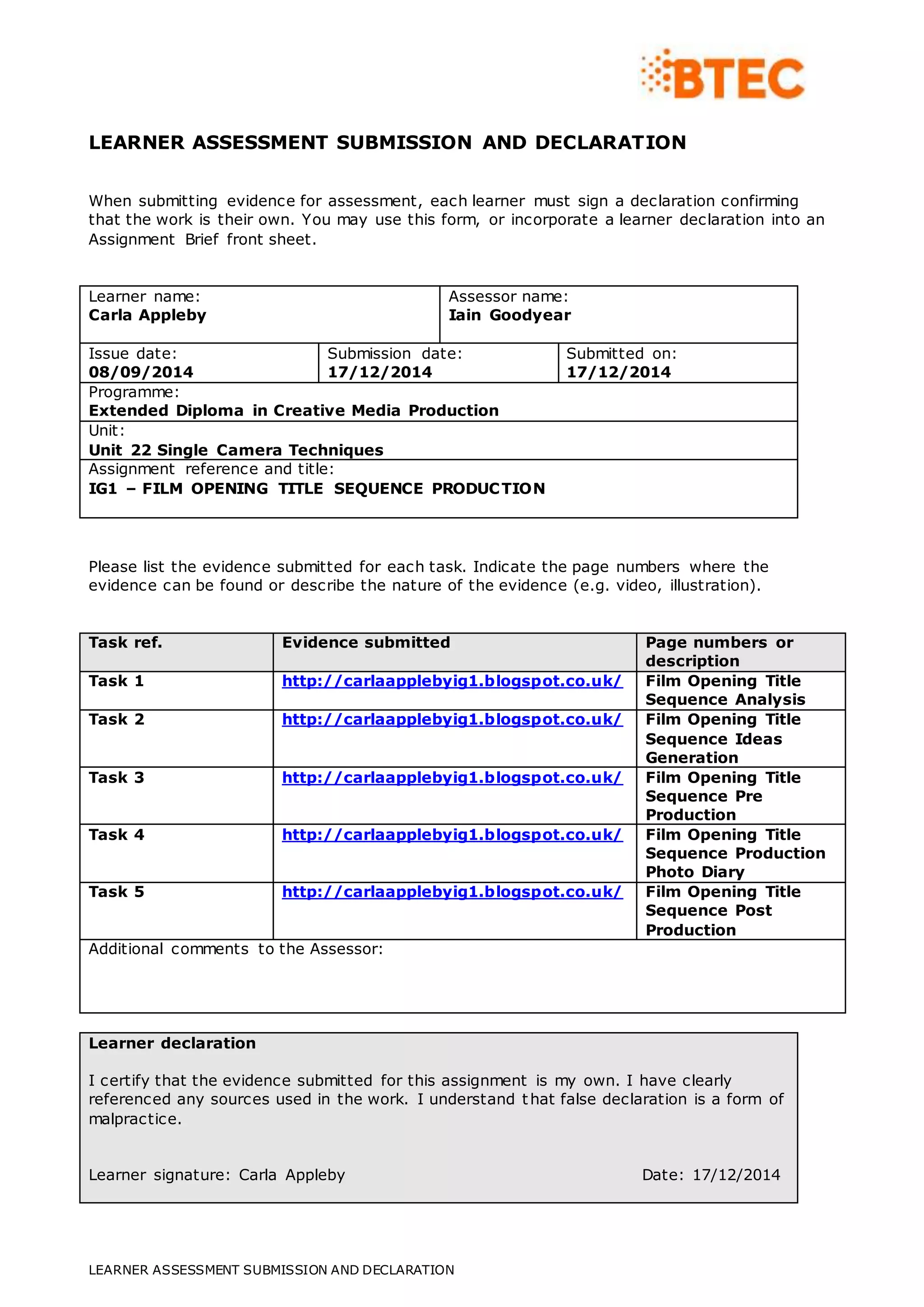 Learner Assessment Submission And Declaration | DOCX
