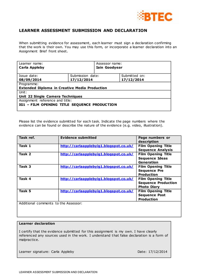 Learner Assessment Submission And Declaration | DOCX