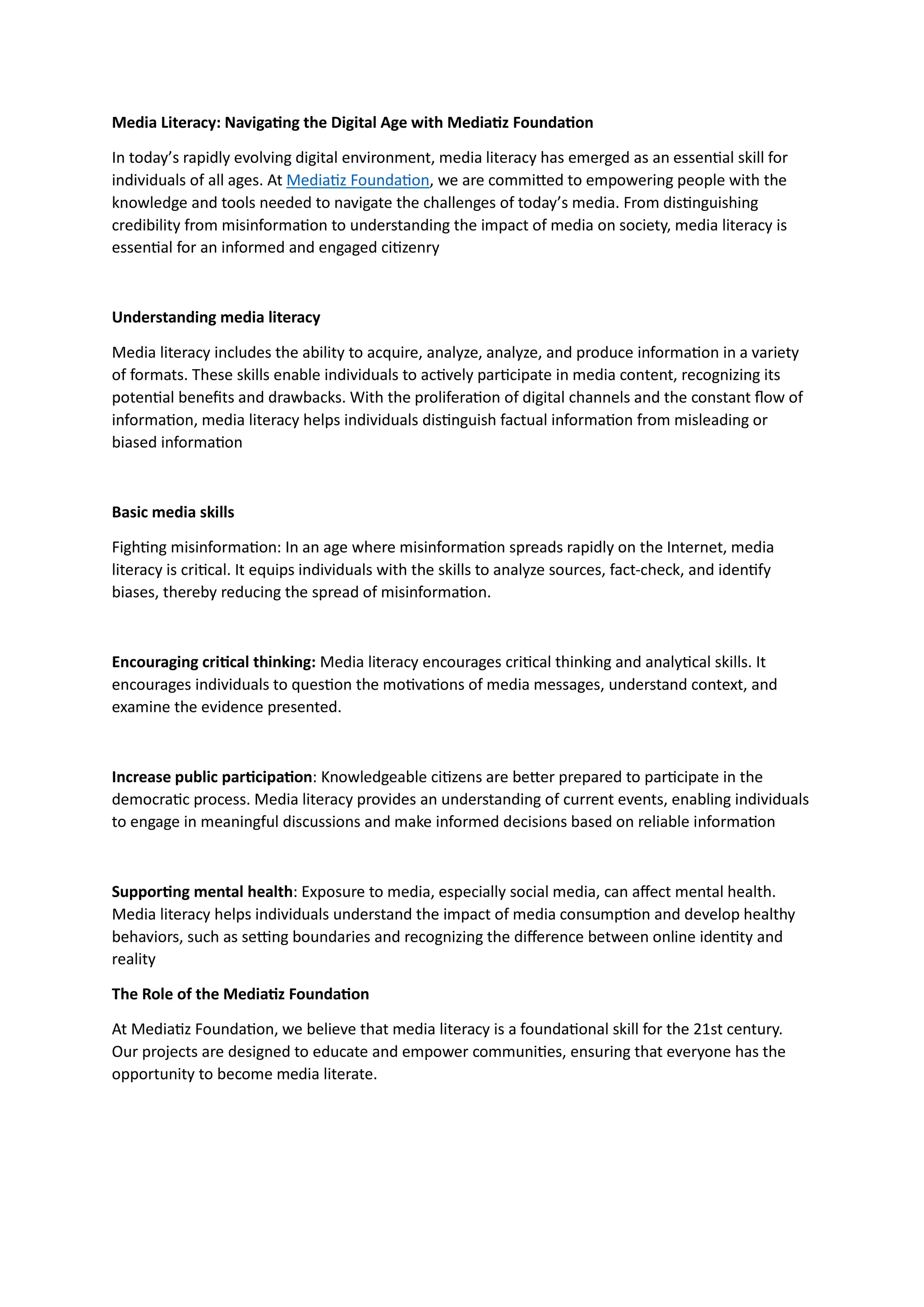 Media Literacy: Navigating the Digital Age with Mediatiz Foundation | PDF