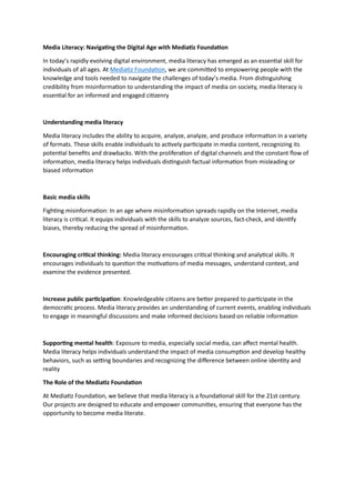 Media Literacy: Navigating the Digital Age with Mediatiz Foundation | PDF