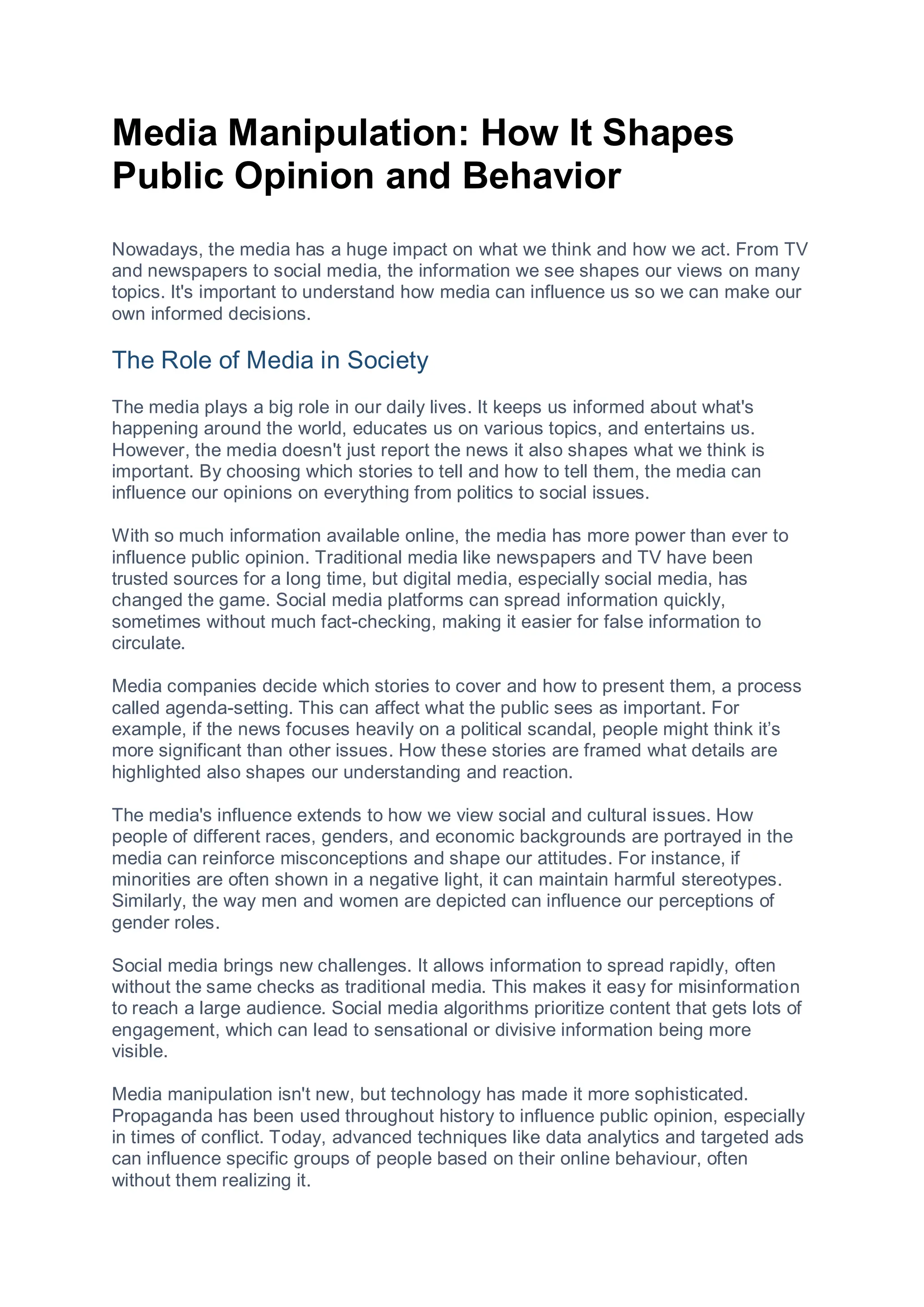 Media Manipulation: How It Shapes Public Opinion and Behavior | PDF