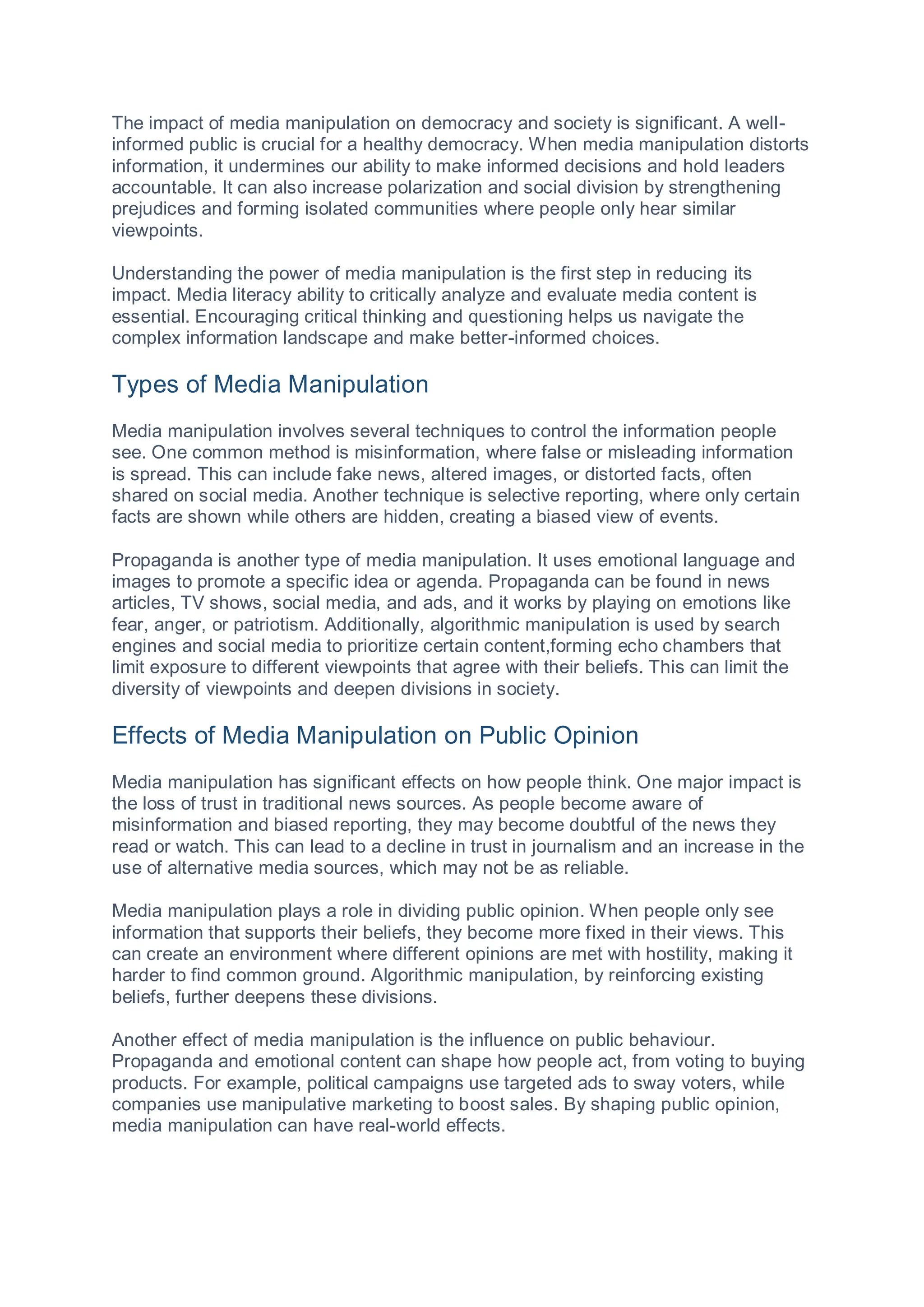 Media Manipulation: How It Shapes Public Opinion and Behavior | PDF