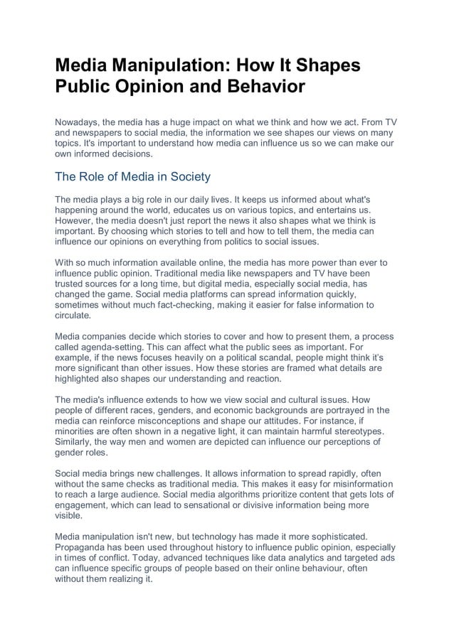 Media Manipulation: How It Shapes Public Opinion and Behavior | PDF