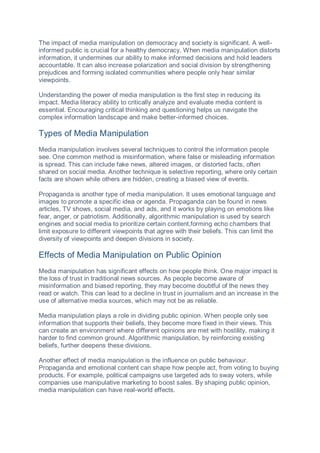Media Manipulation: How It Shapes Public Opinion and Behavior | PDF
