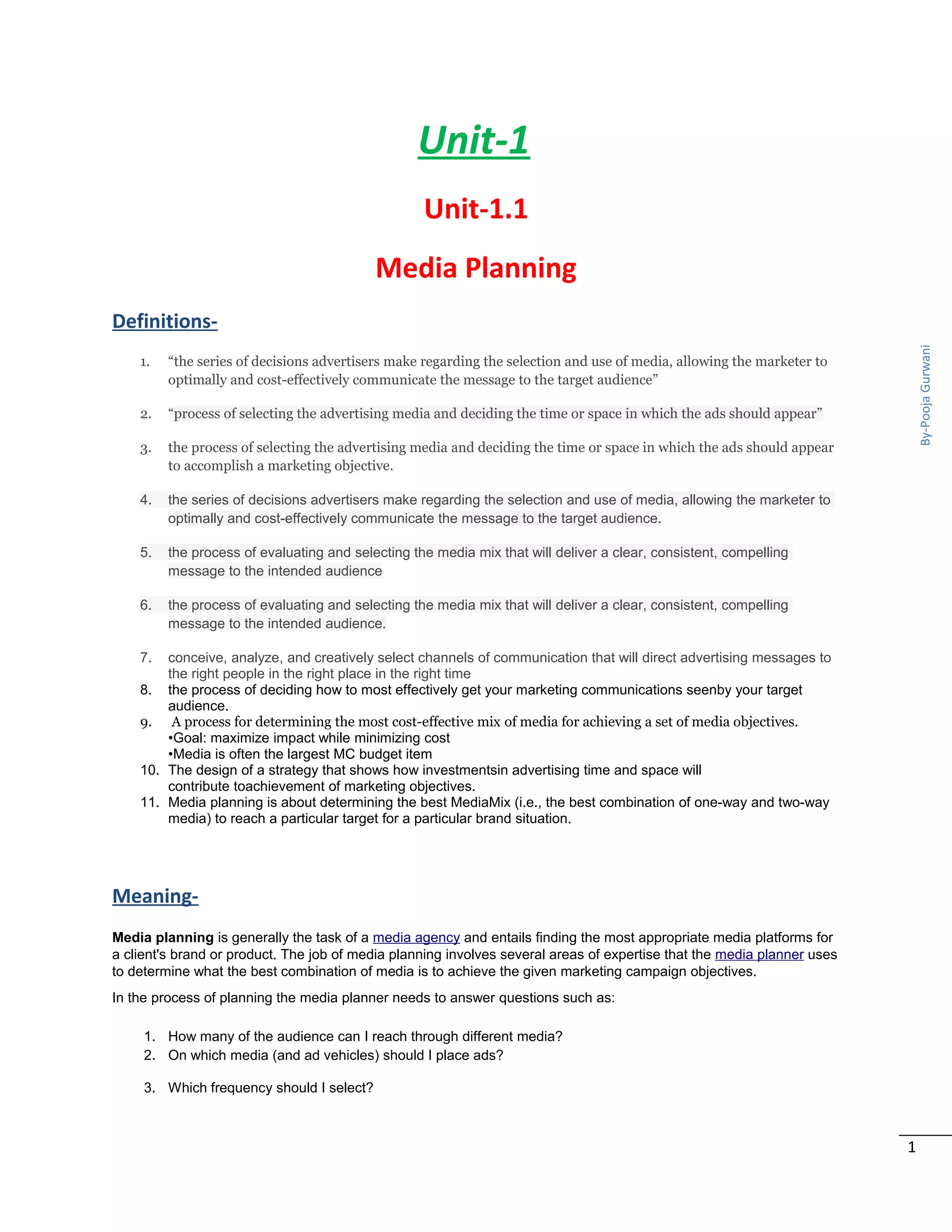 Media planning, Components of media plan, Media Scheduling, Media ...