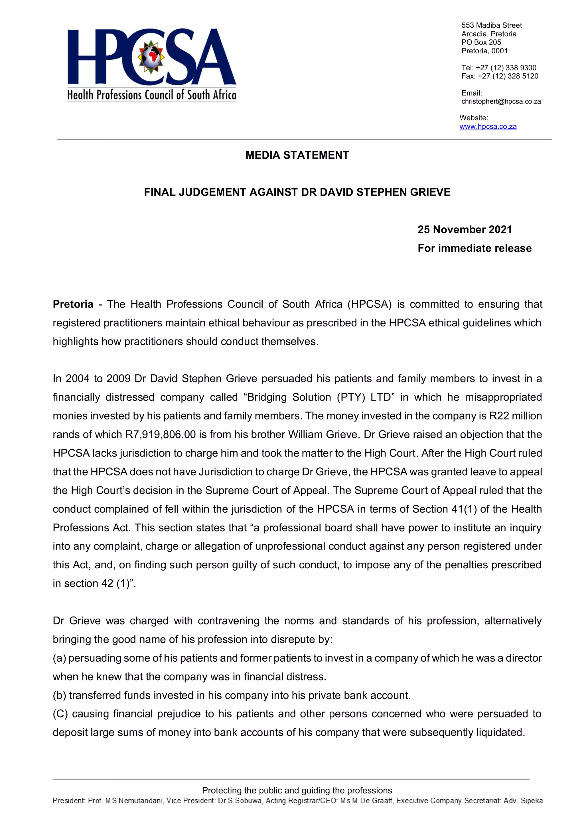 HPCSA Media Release Final Judgement Against Dr David Stephen Grieve | PDF