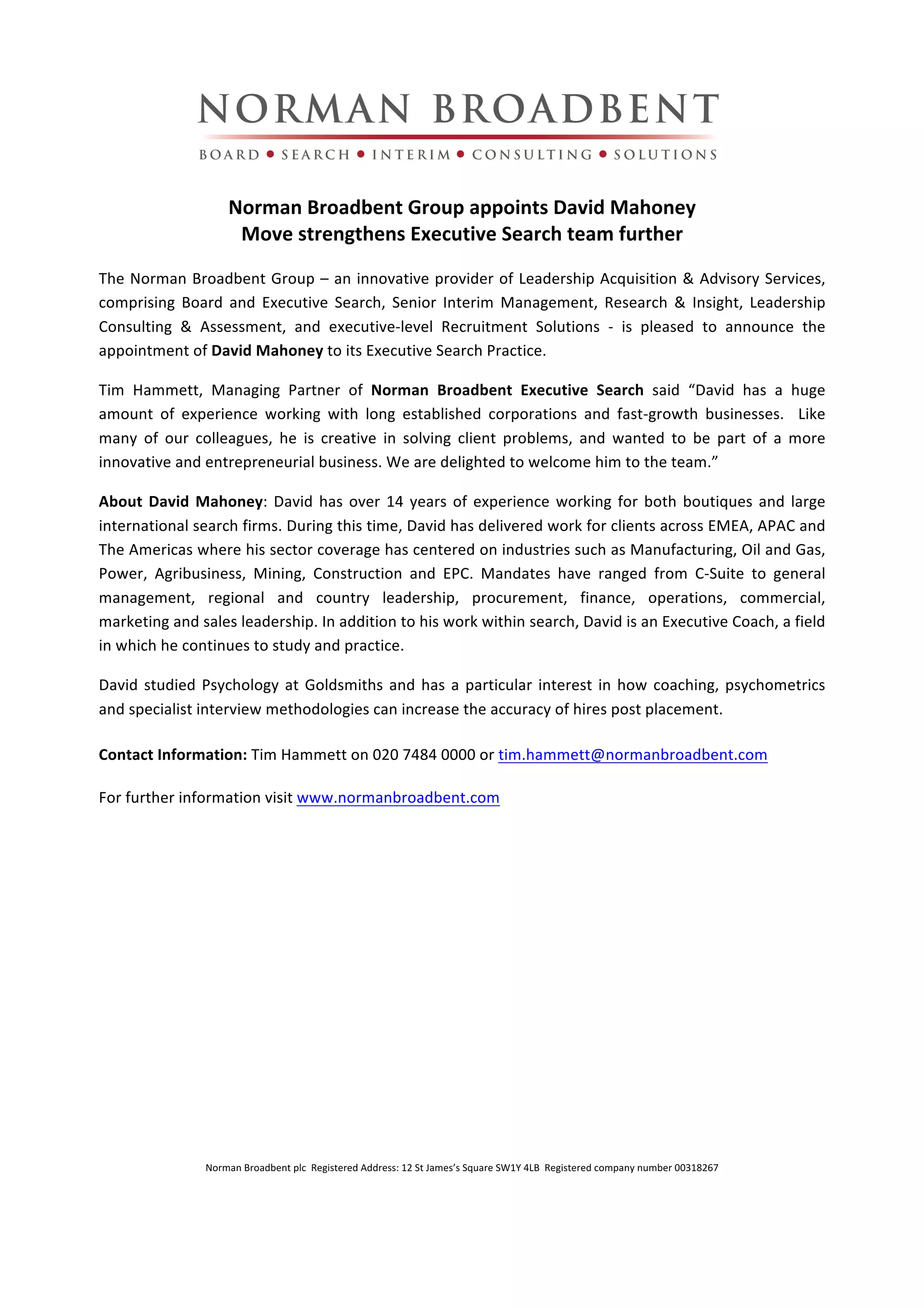 Norman Broadbent Group appoints David Mahoney Move strengthens ...