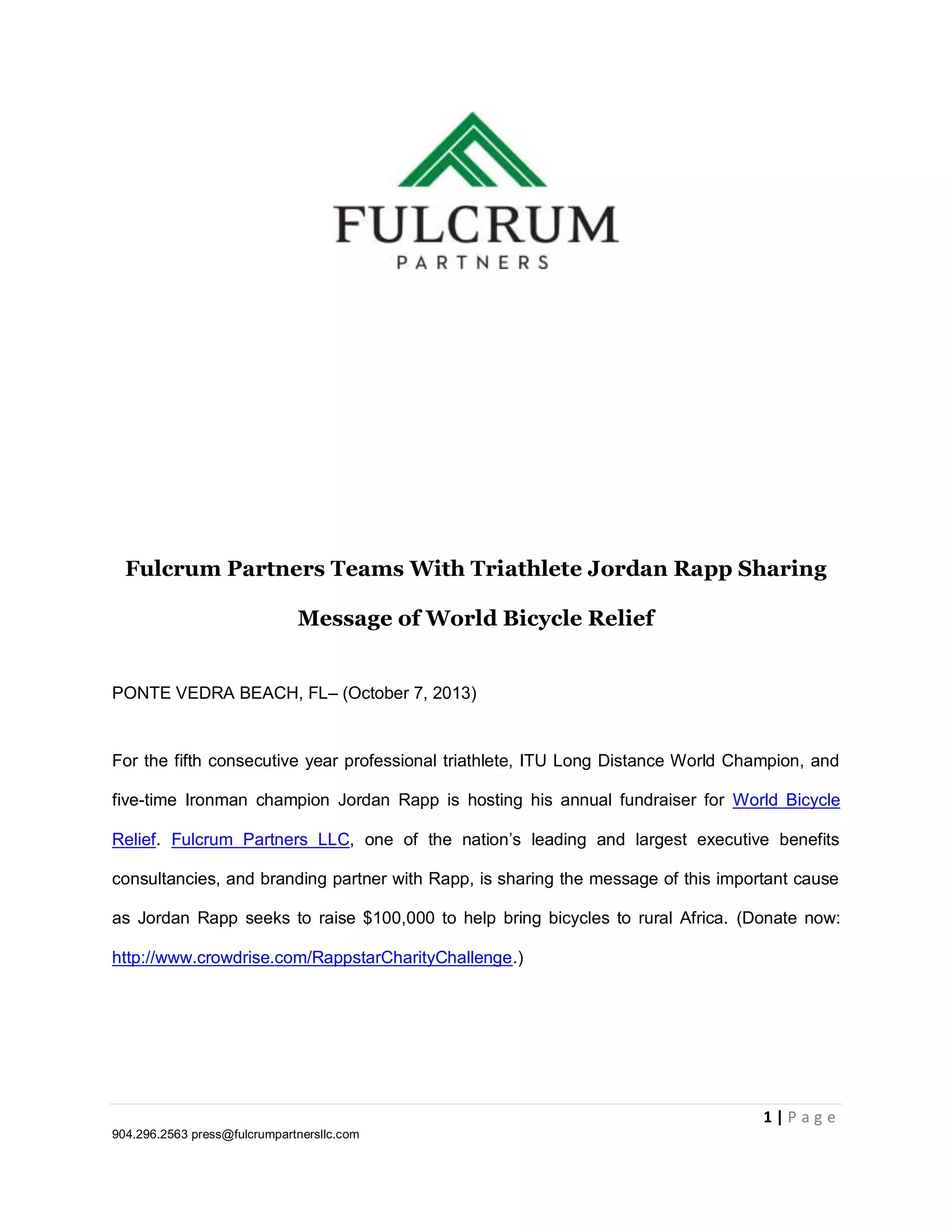 Fulcrum Partners Teams With Triathlete Jordan Rapp Sharing Message of ...