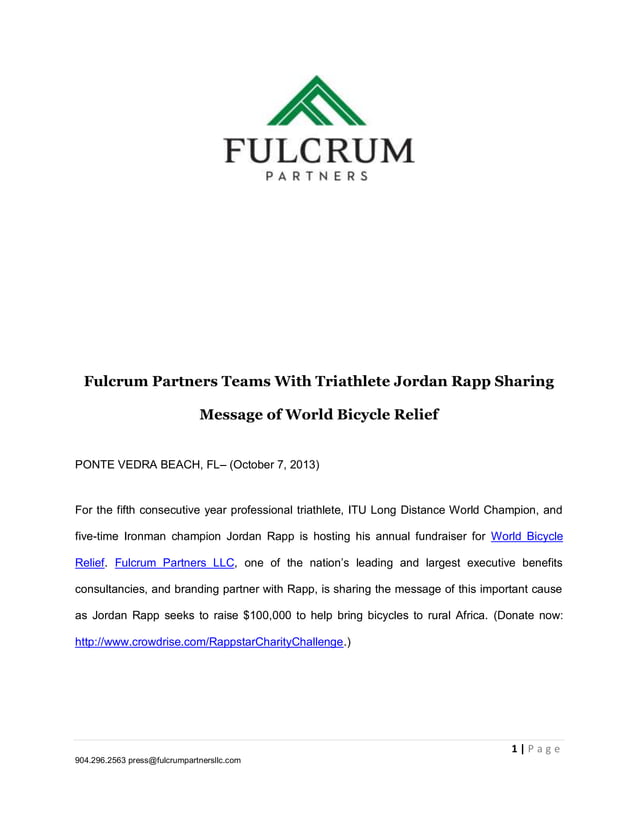 Fulcrum Partners Teams With Triathlete Jordan Rapp Sharing Message of ...