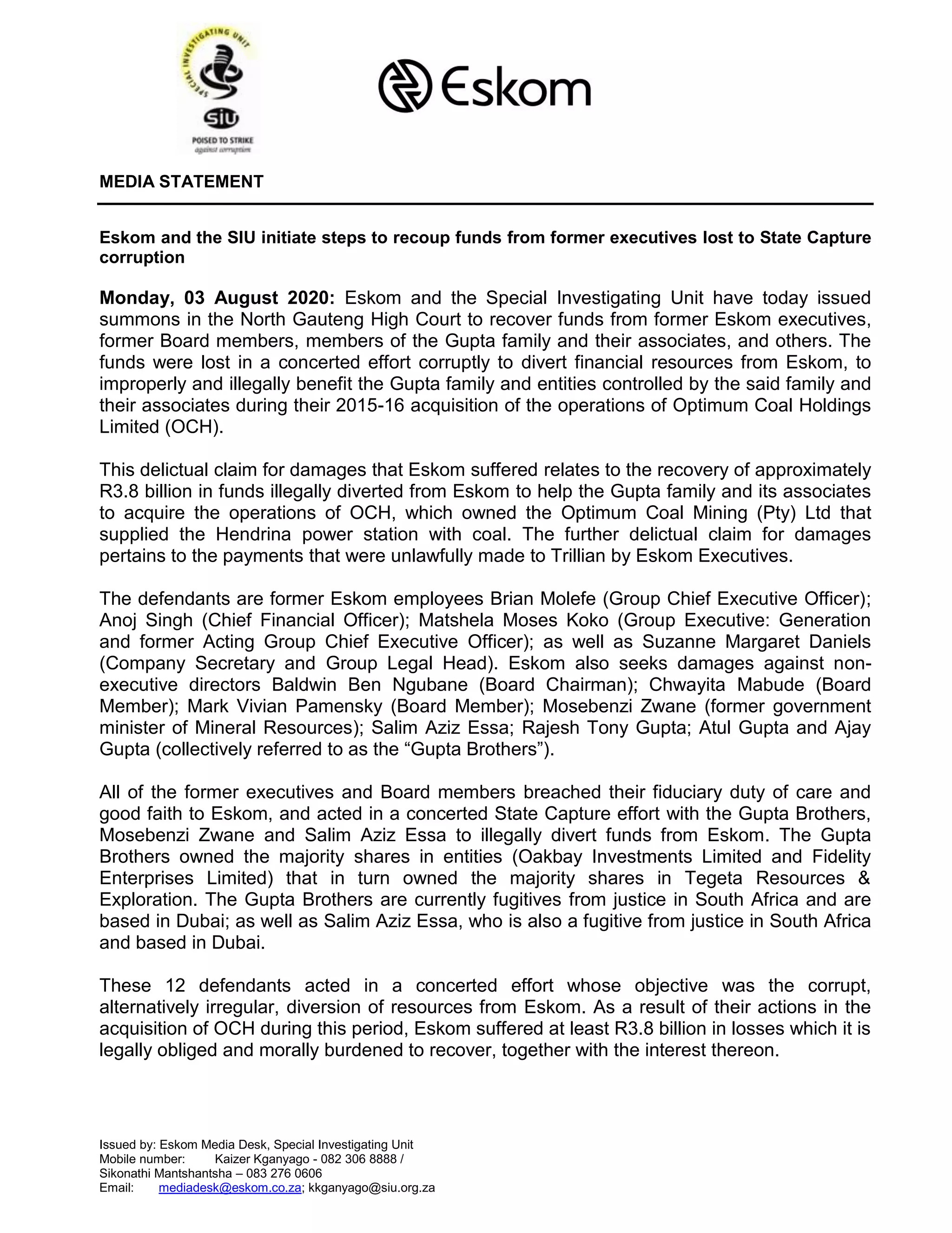Media statement - Eskom and the SIU initiate steps to recoup funds ...