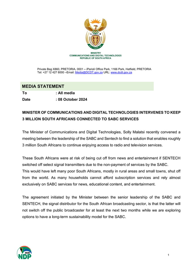 Media Statement_Minister Malatsi intervenes on the SABC and SENTECH matter_08 Oct 2024.pdf