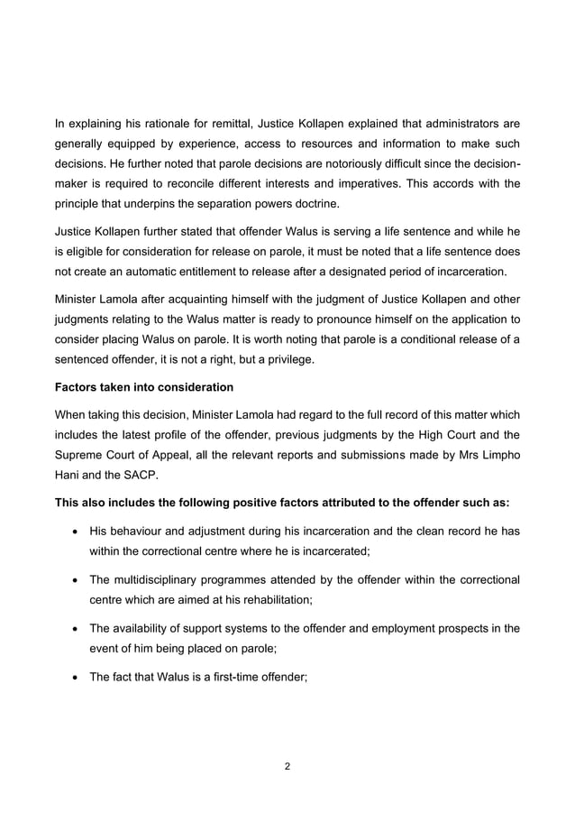 Minister Lamola's decision on parole for Janusz Walus. | PDF