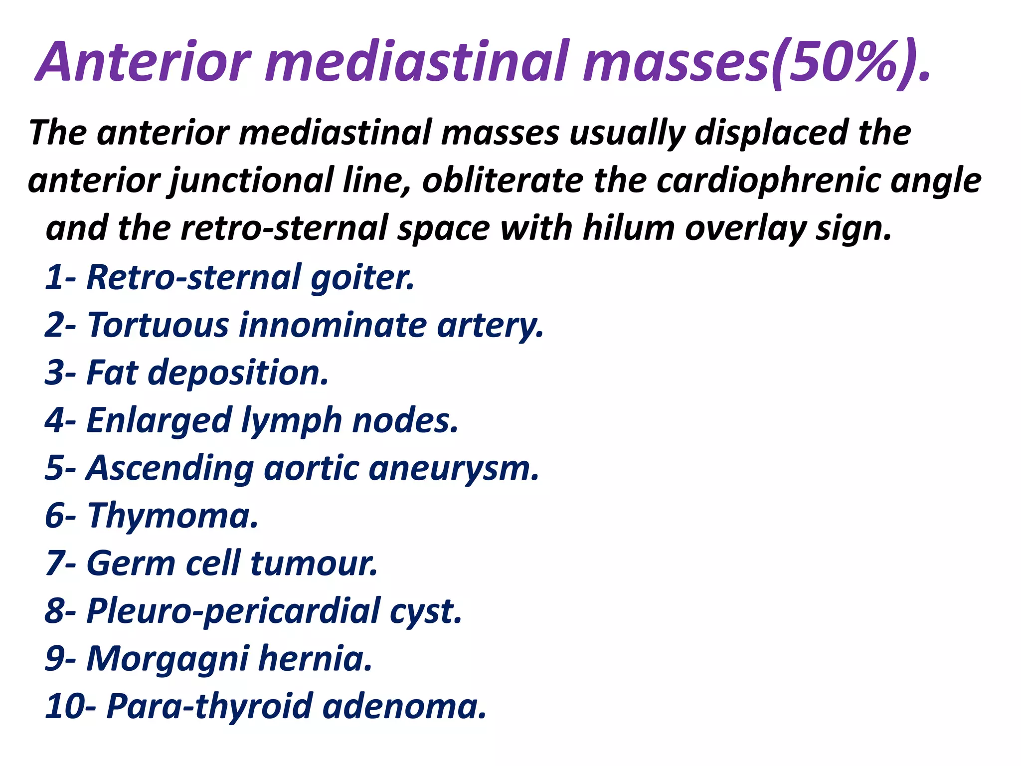 Mediastinal anatomy ,classification of mediastinal masses ans its ...