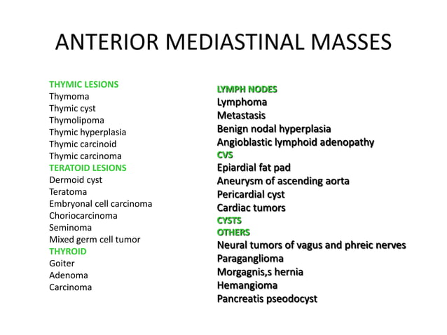 Mediastinal anatomy ,classification of mediastinal masses ans its ...