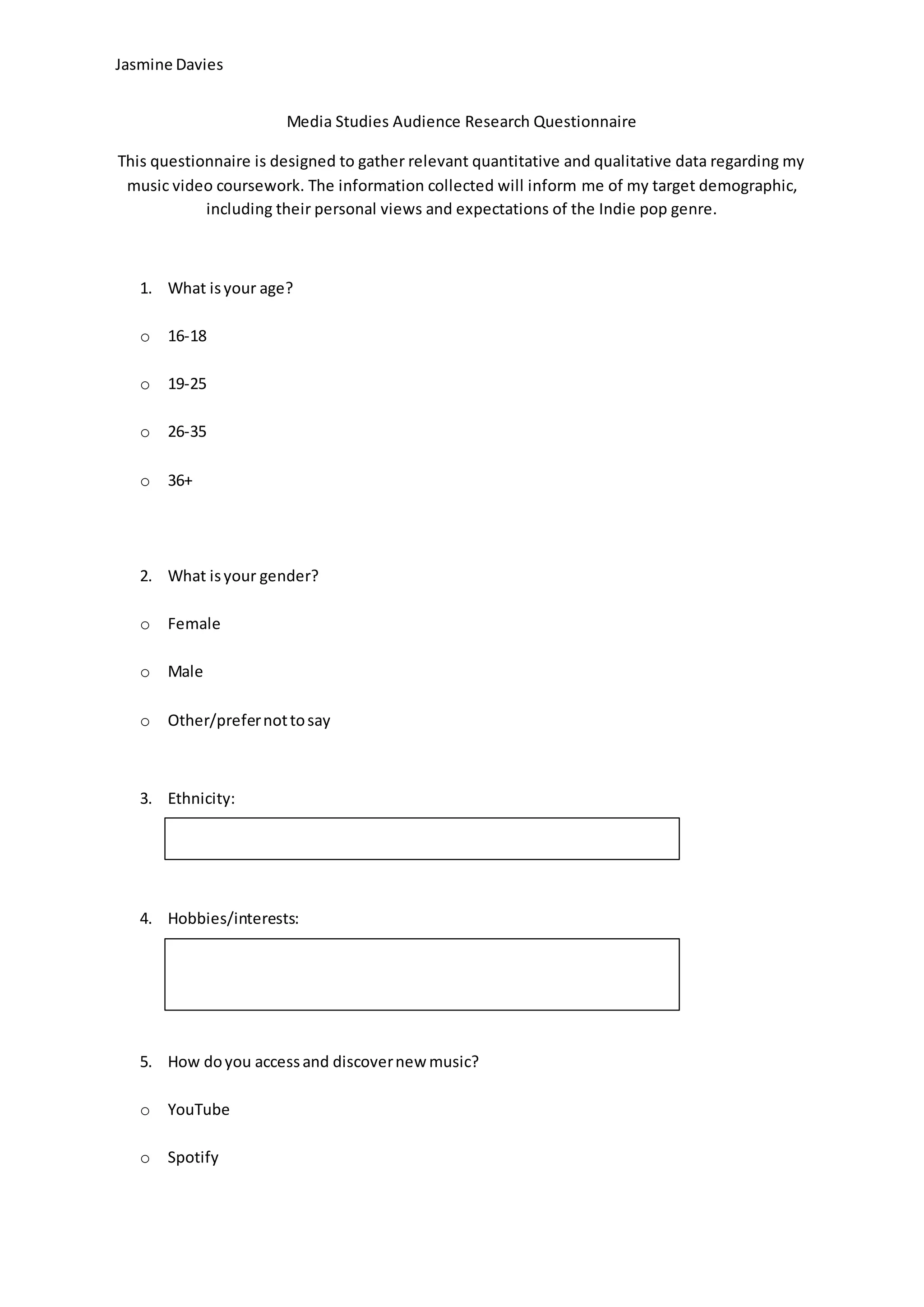 Media studies audience research questionnaire | DOCX | Music Video | Genres