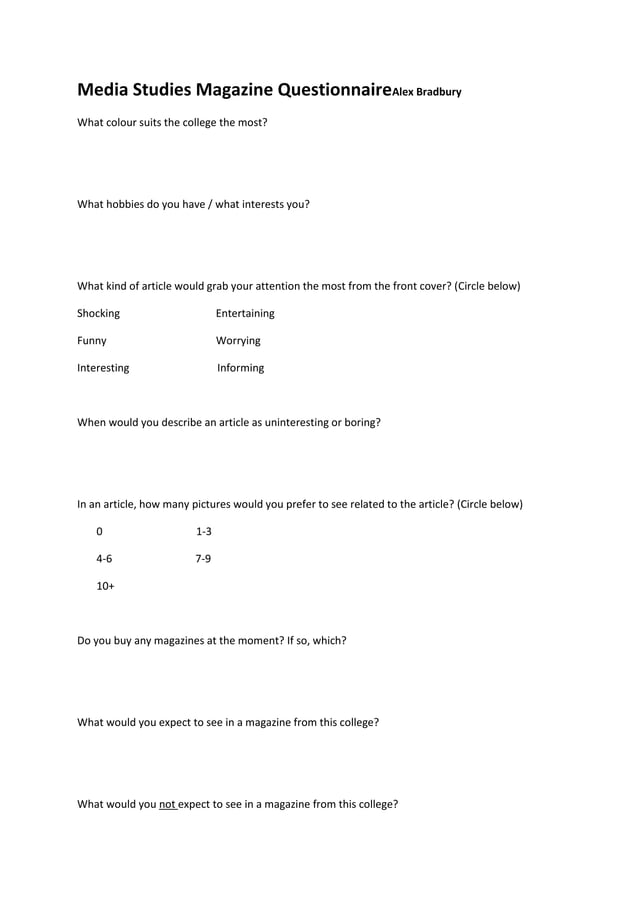 Media studies magazine questionnaire alex bradbury | PDF