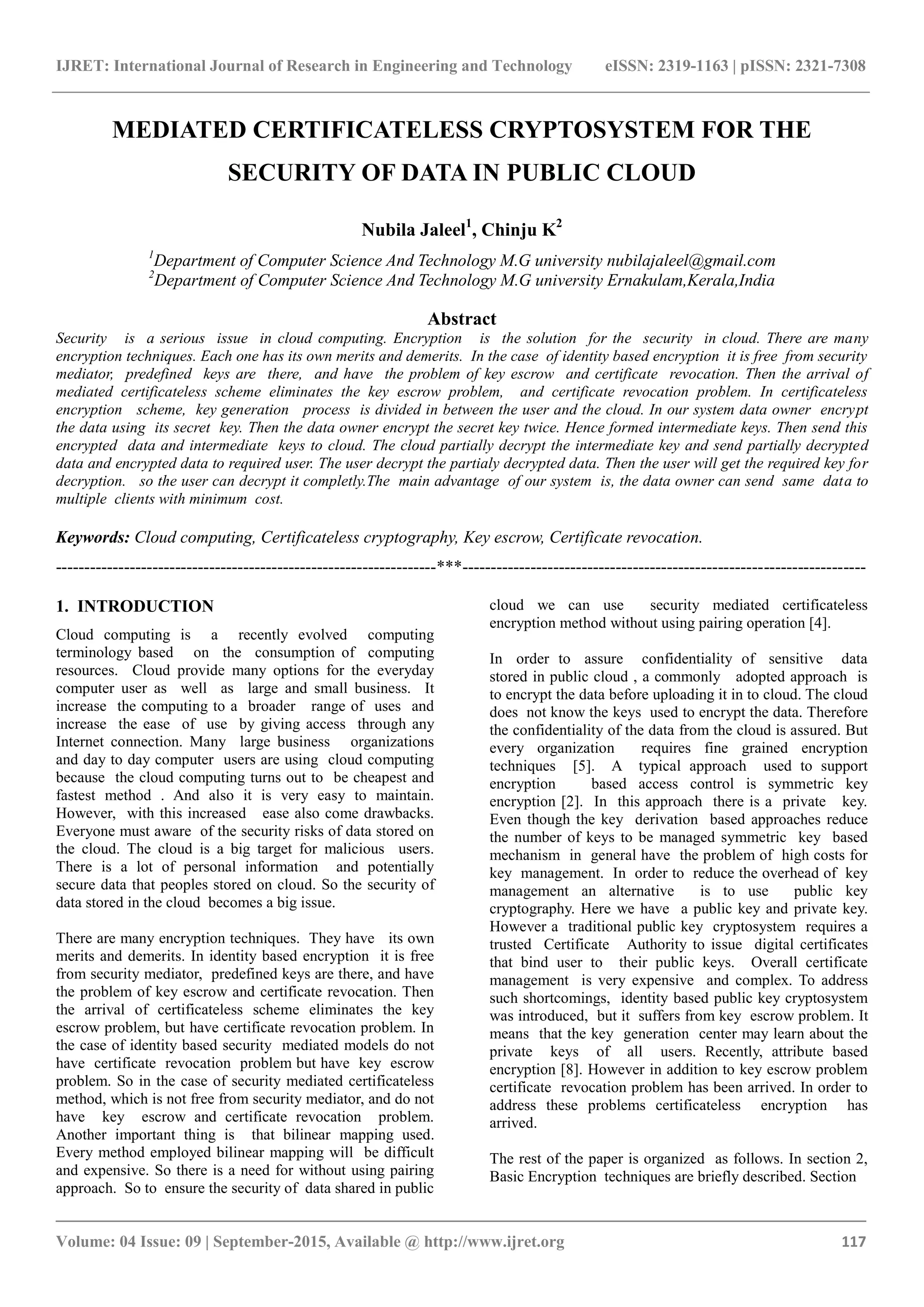 Mediated certificateless cryptosystem for the security of data in public cloud | PDF