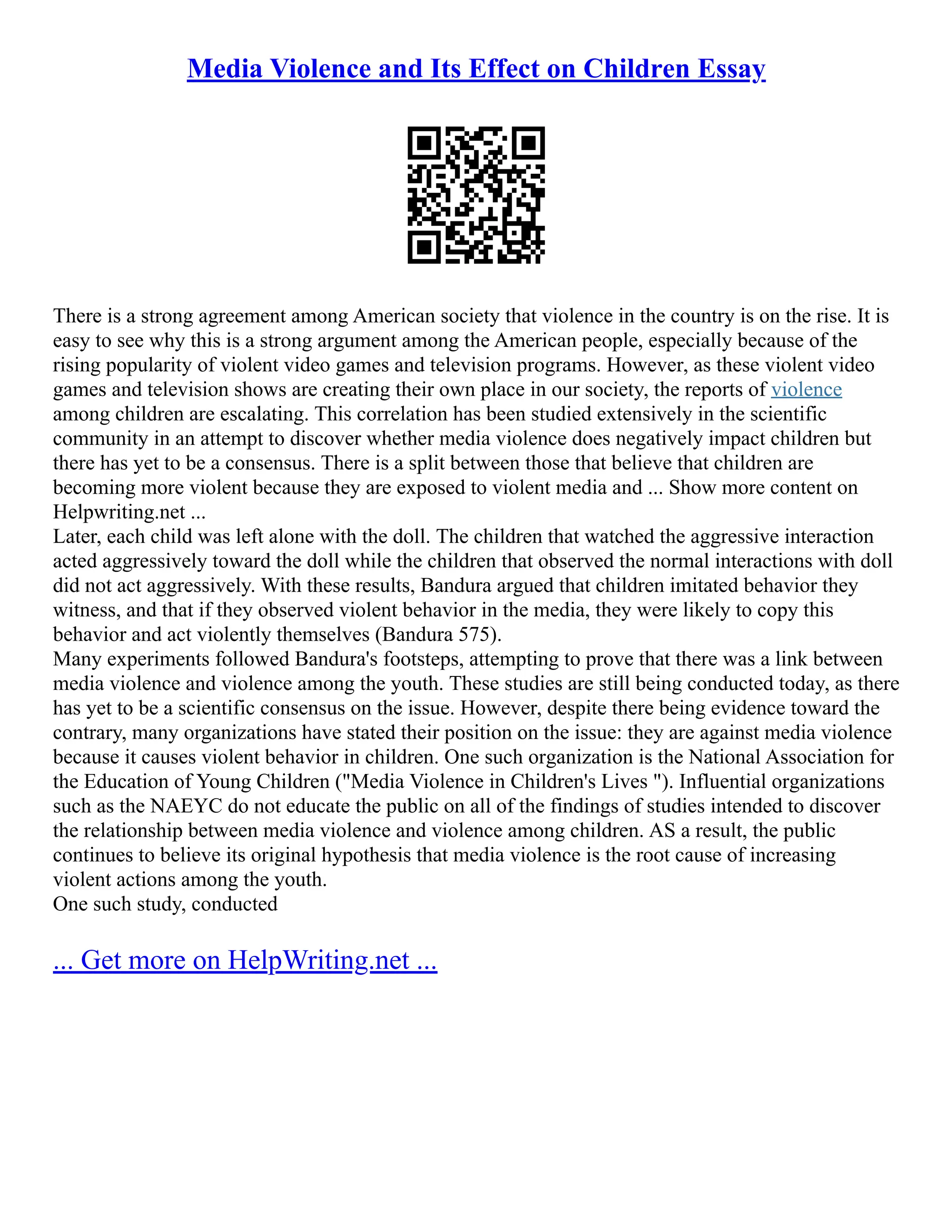 Media Violence And Its Effect On Children Essay | PDF