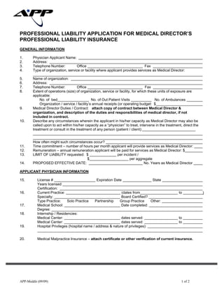 Professional liability insurance application for medical director’s | PDF