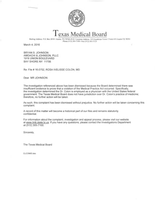 Texas Medical Board dismissed family detention complaint in entirety. | PDF