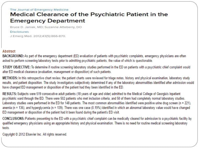 Medical clearance for a psychiatric patient in ED | PPT