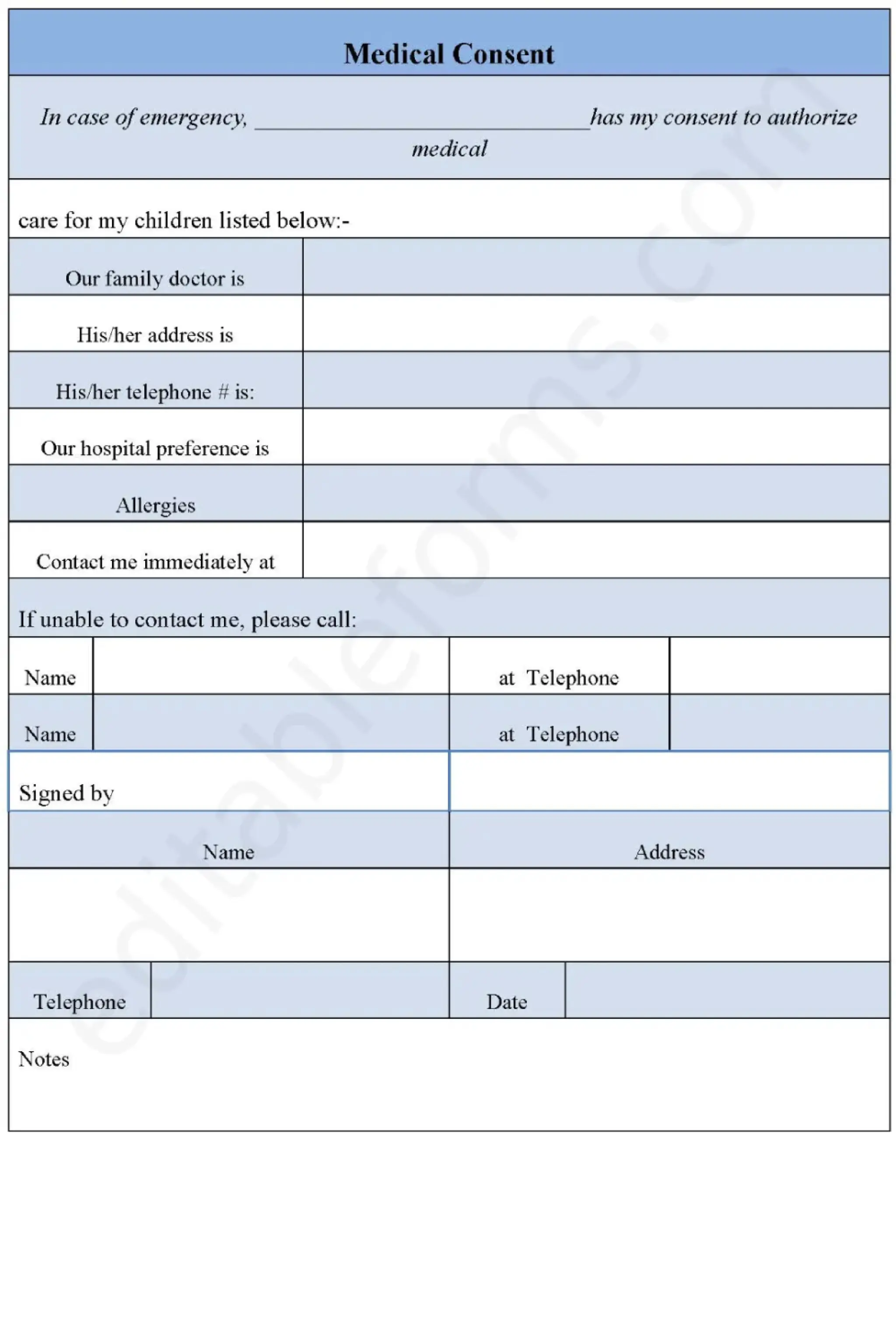 Medical Consent Fillable PDF Form Template | PDF