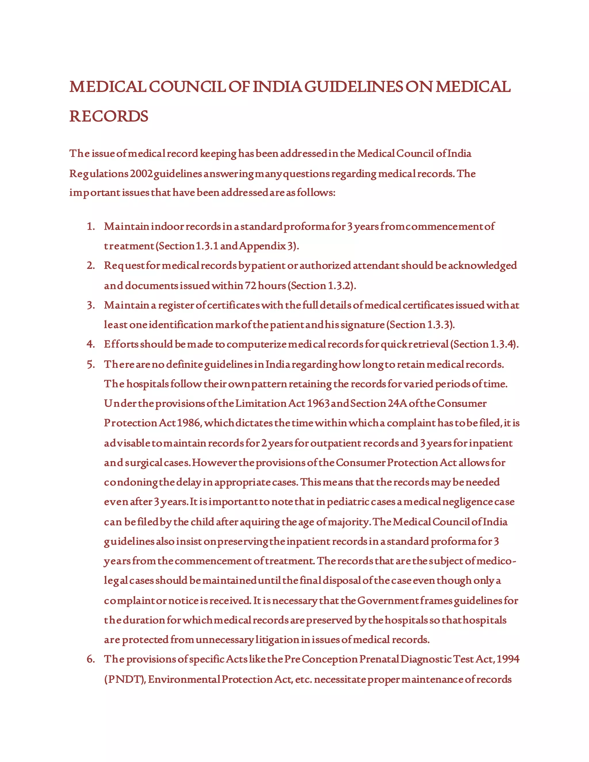 Medical council of india guidelines on medical records | DOCX