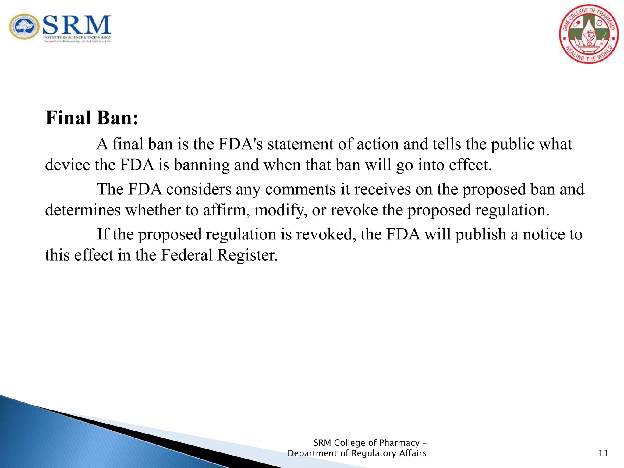 Medical Device Ban in USFDA | PPTX