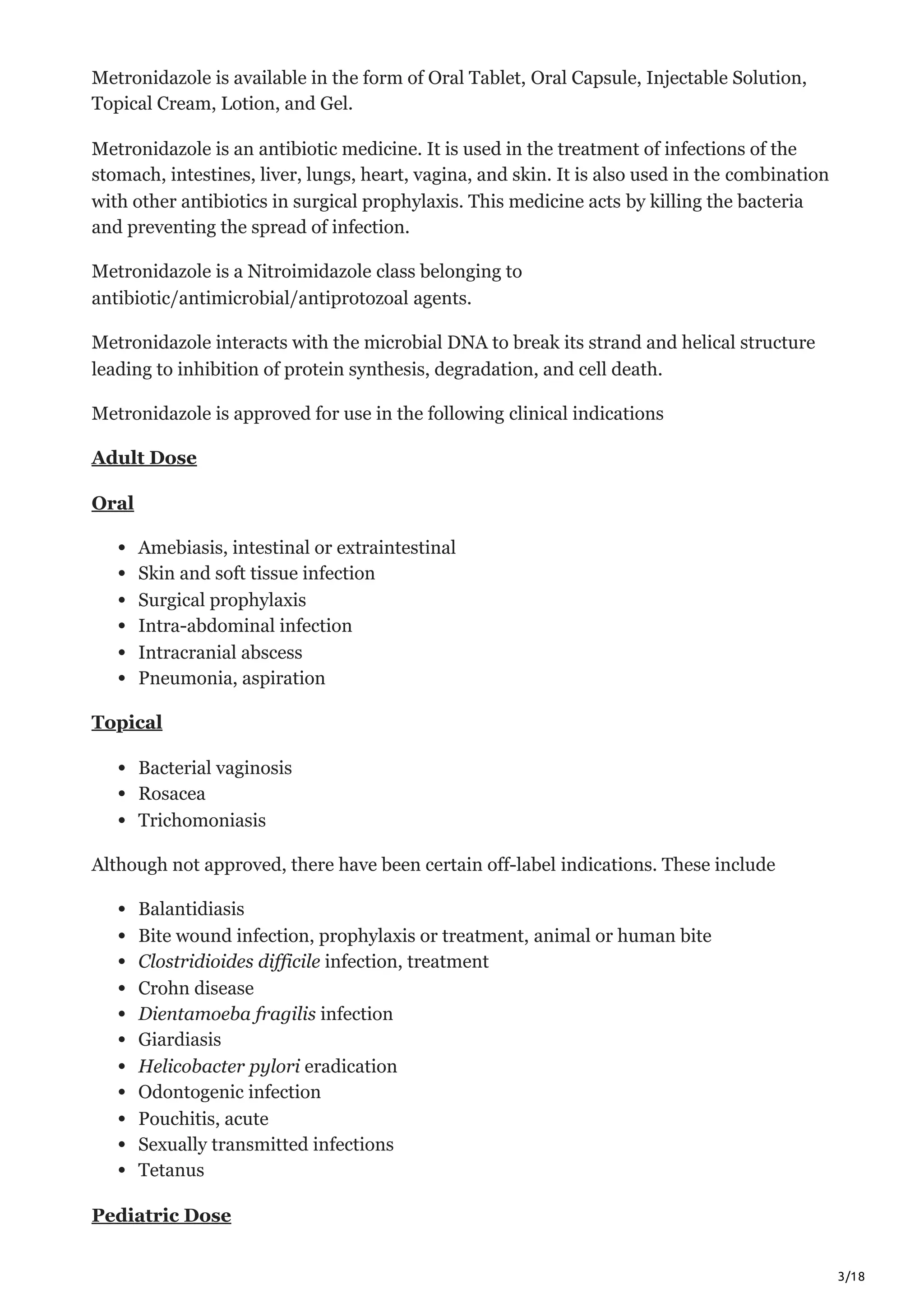 Metronidazole: Indication, Uses, Dosage | PDF