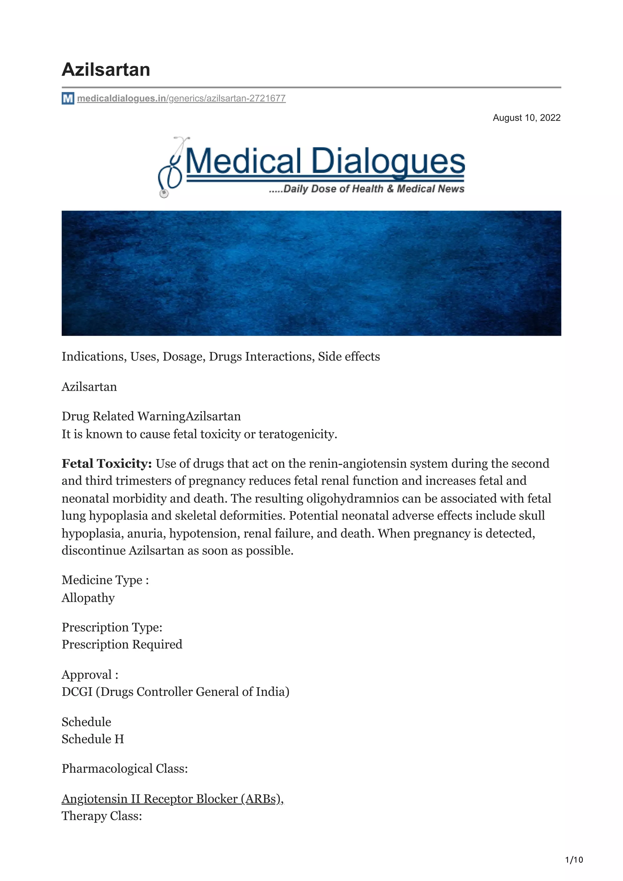 Azilsartan : Indications, Uses, Dosage | PDF