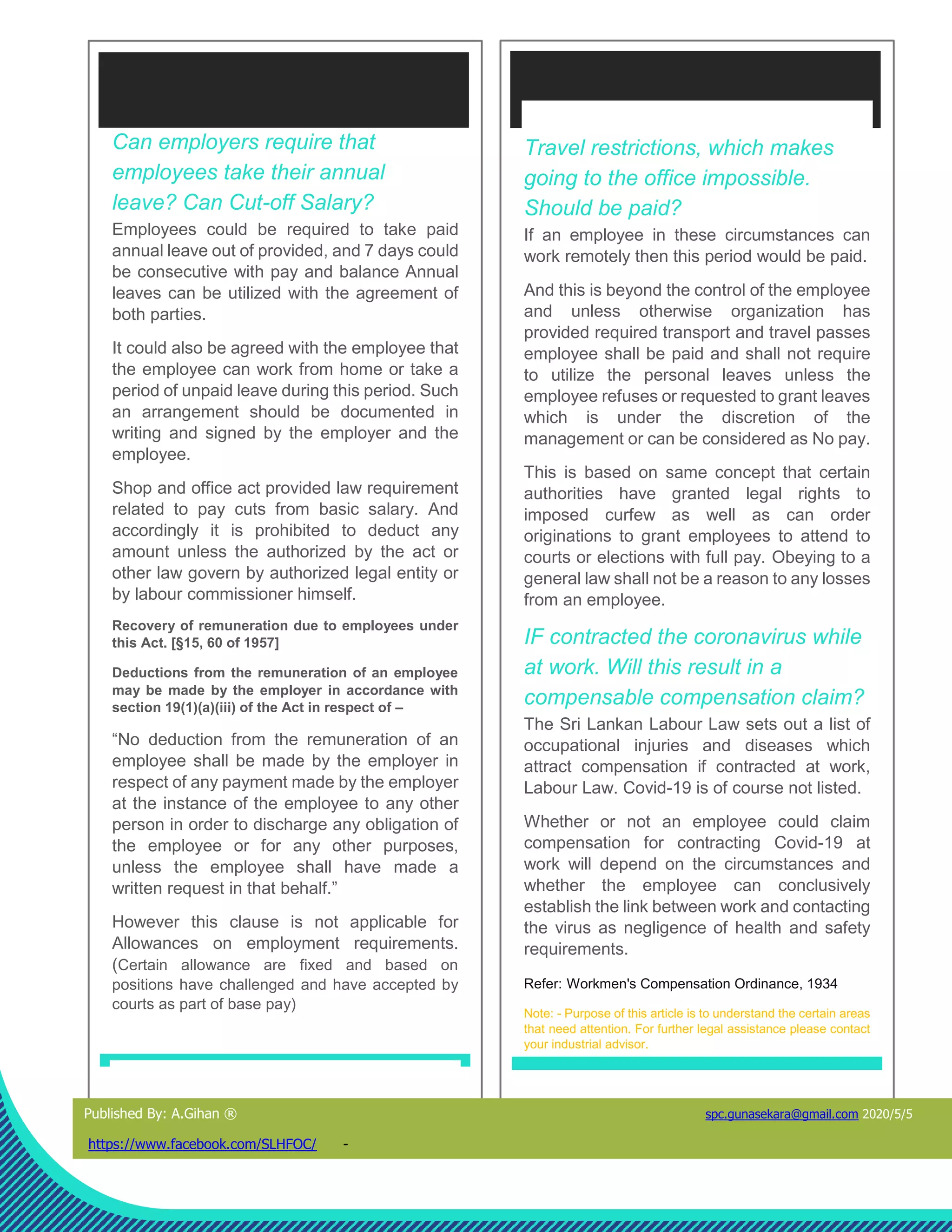 Sri Lankan Labour law related to employe reminaration and pay cuts | PDF