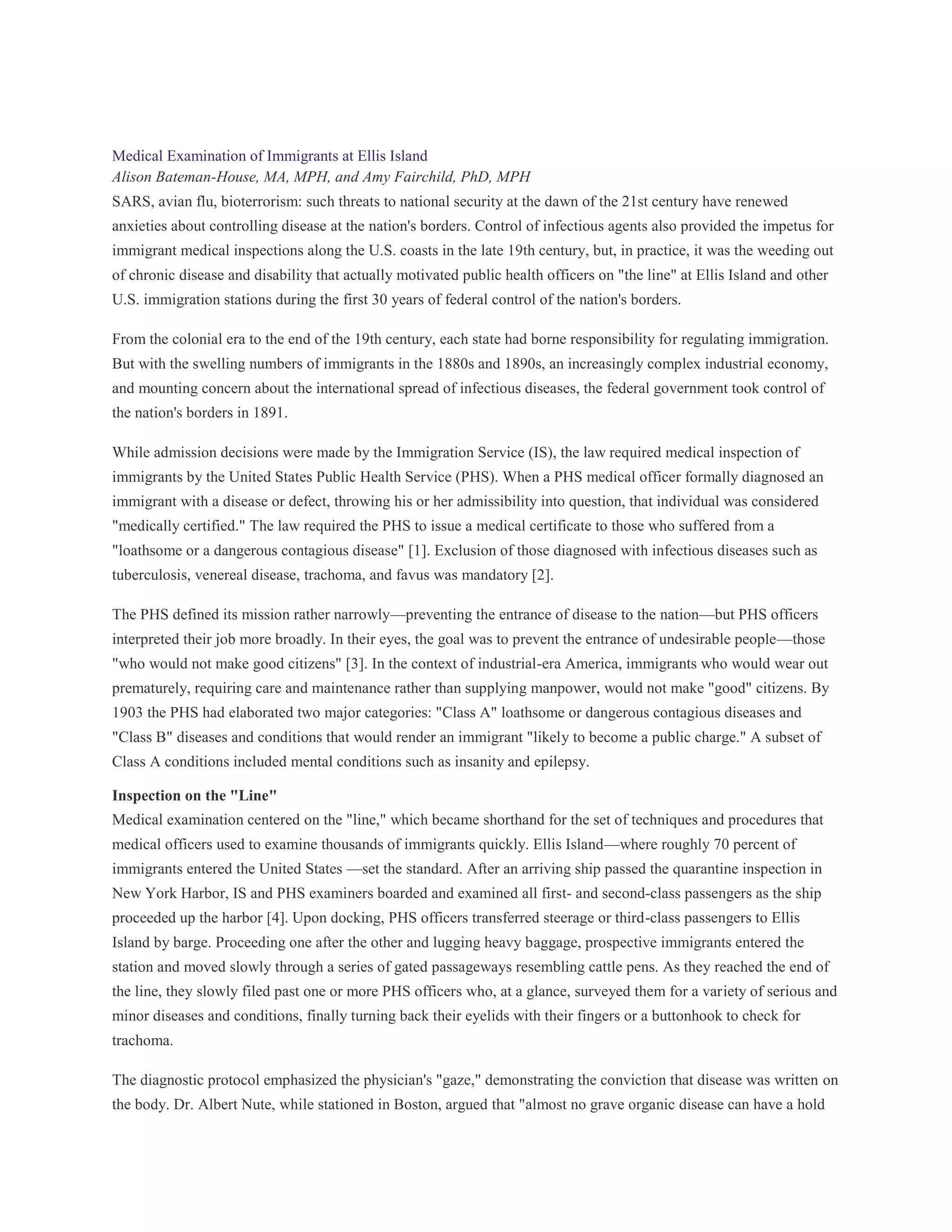 Medical Examination Of Immigrants At Ellis Island | DOCX