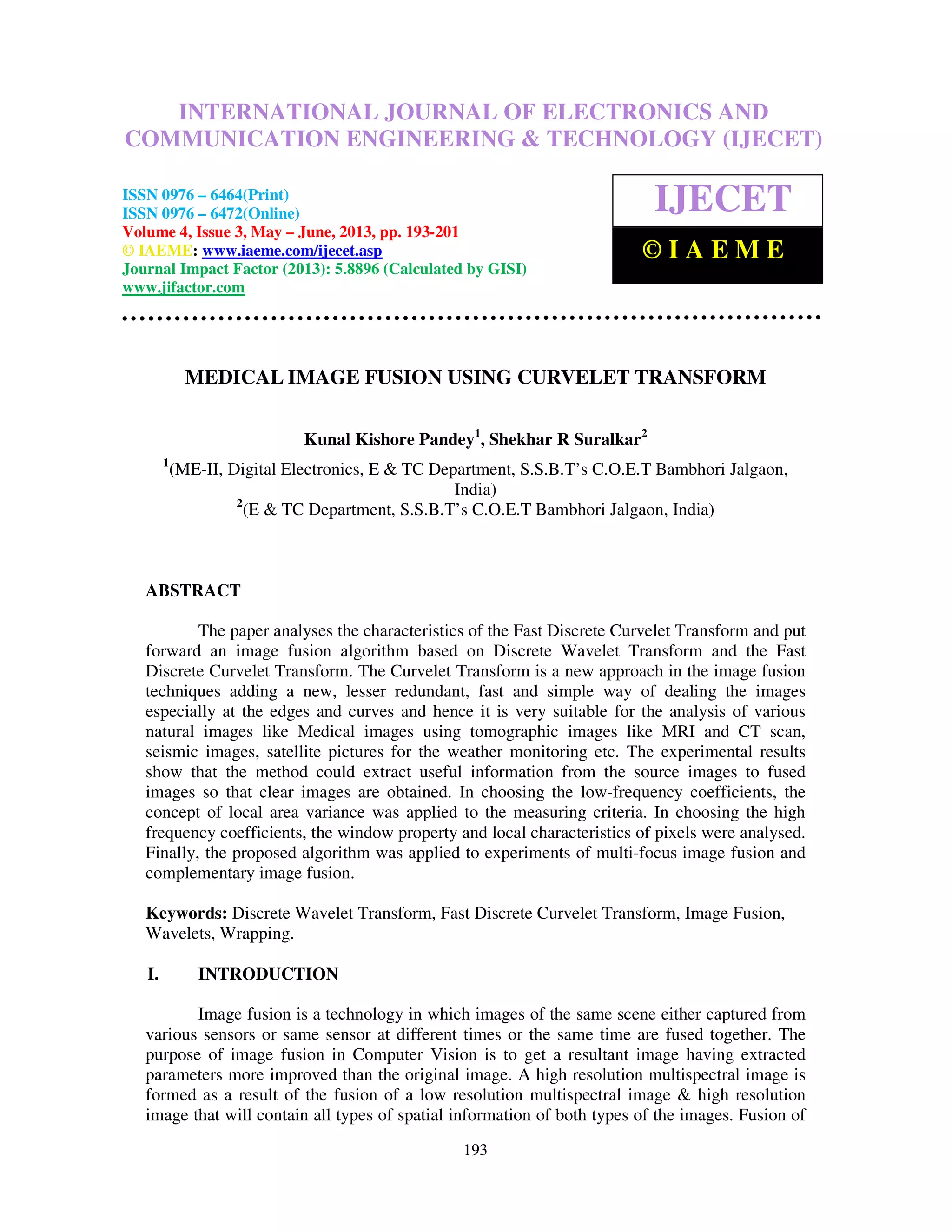 Medical image fusion using curvelet transform 2-3-4-5 | PDF