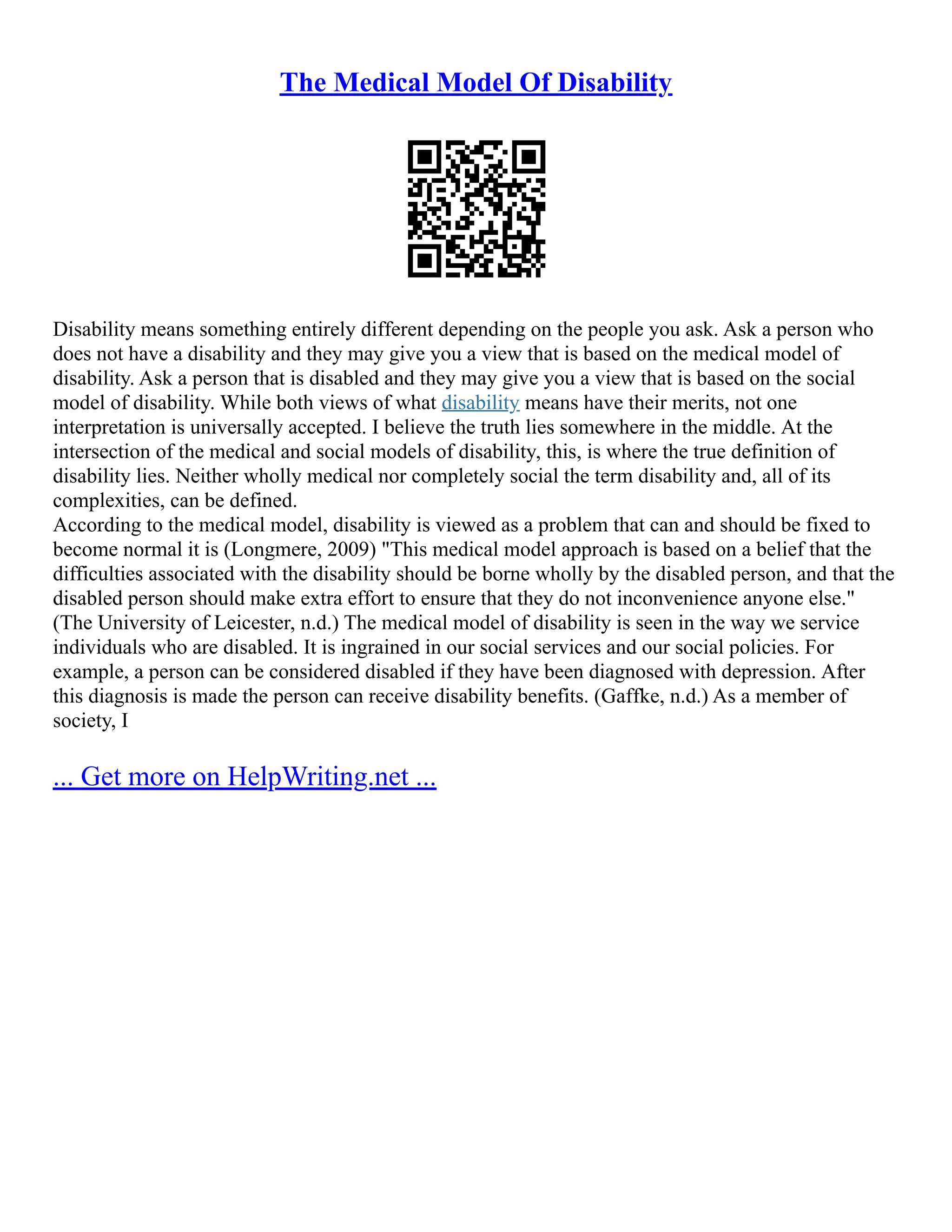 Medical Model Of Learning Disability Essay | PDF