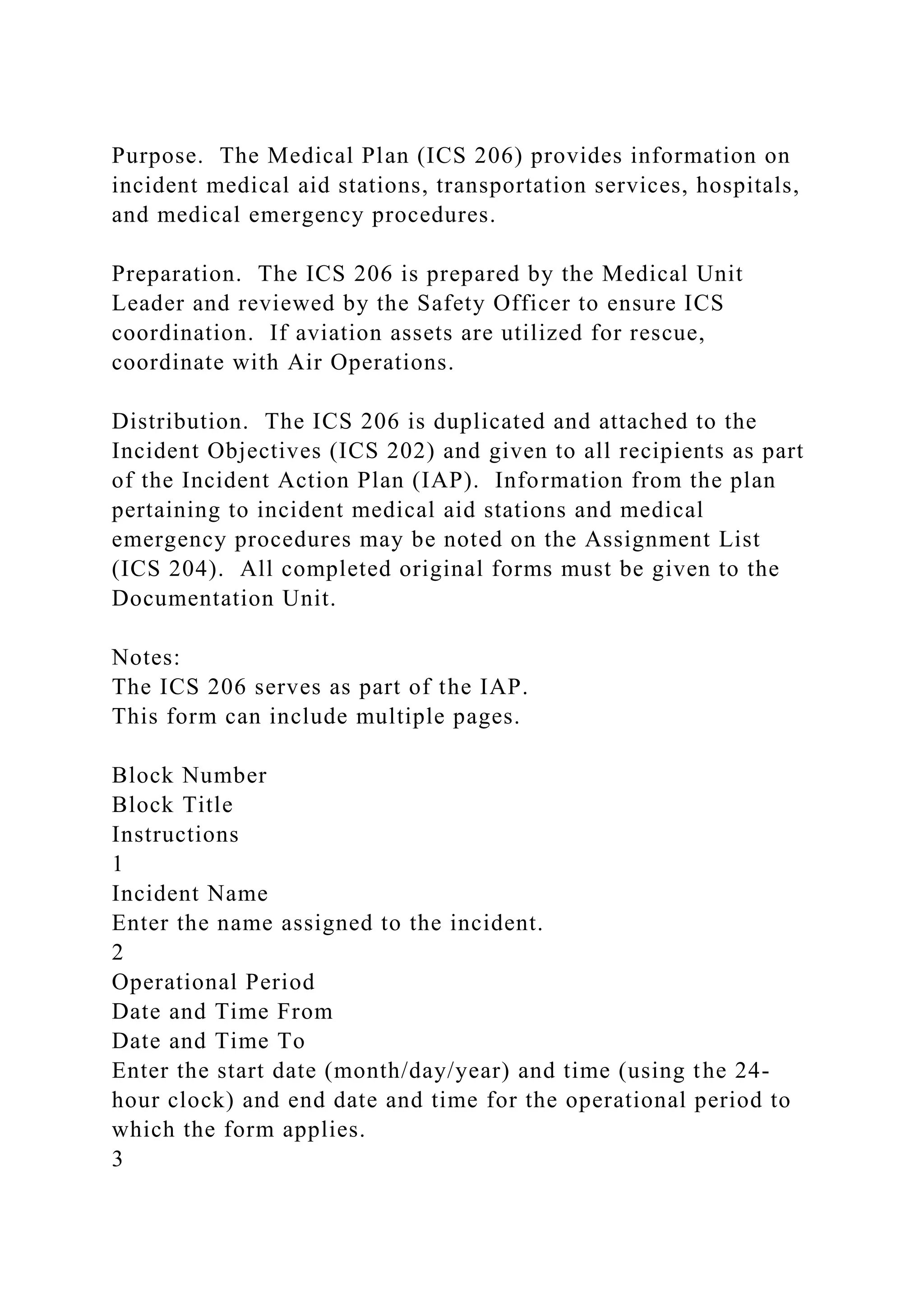 Medical Plan (ICS 206)1. Incident Name 2. Operational .docx