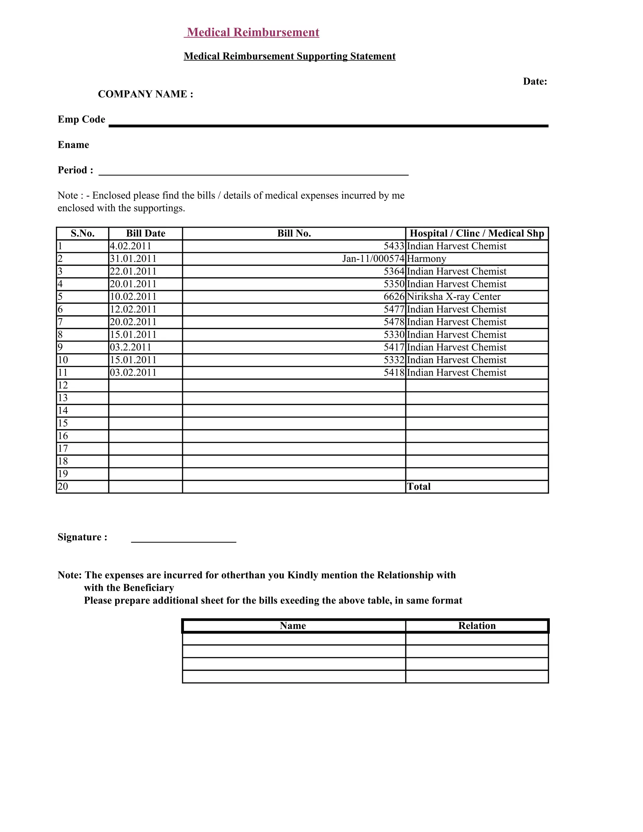 Medical reimbursement form | XLS | Health Insurance | Insurance