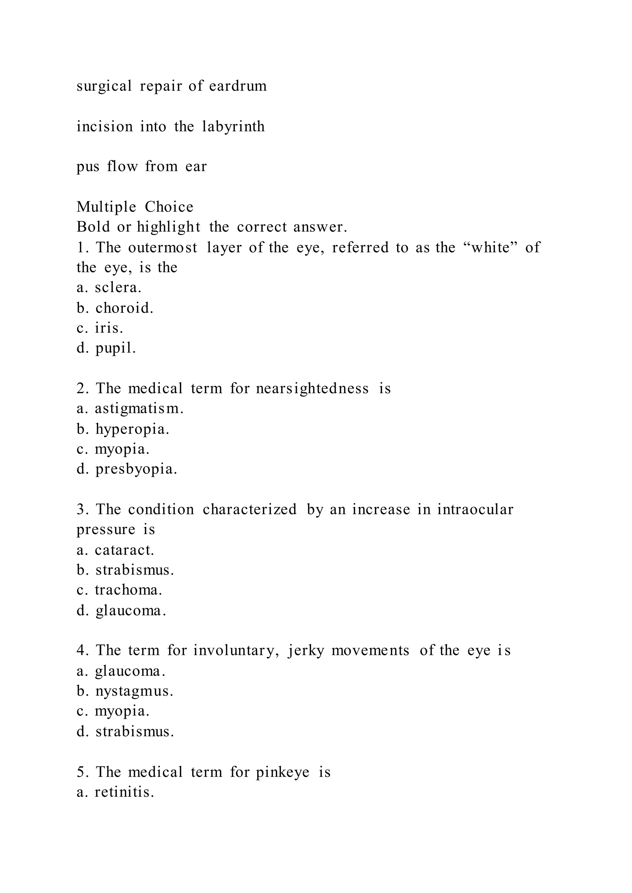 Medical Terminology Eyes and EarsPT116 Unit 4 AssignmentCombi | DOCX