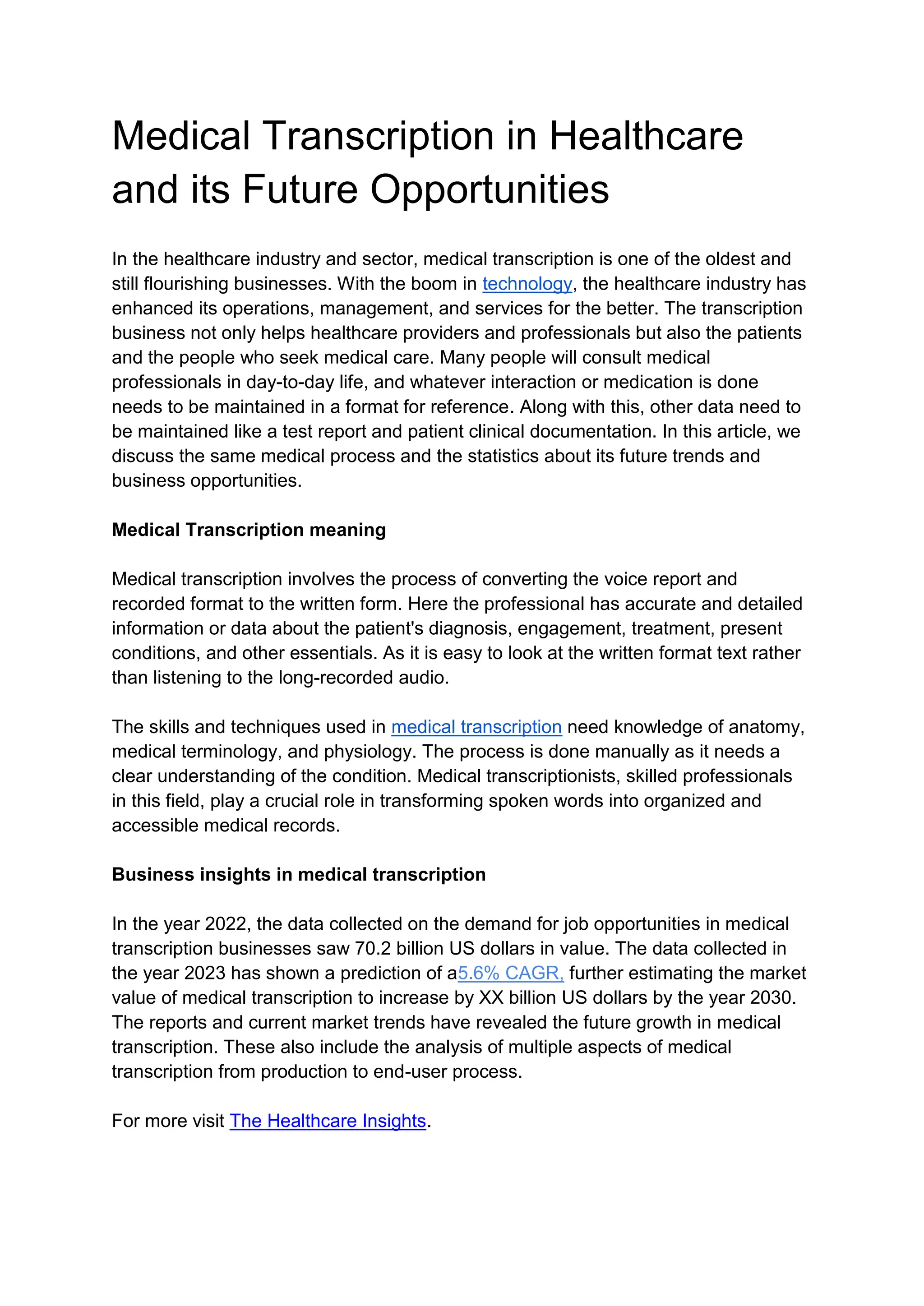 Medical Transcription in Healthcare and its Future Opportunities | PDF