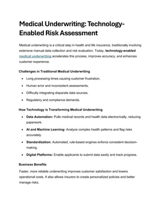 Medical Underwriting: Technology-Enabled Risk Assessment | PDF