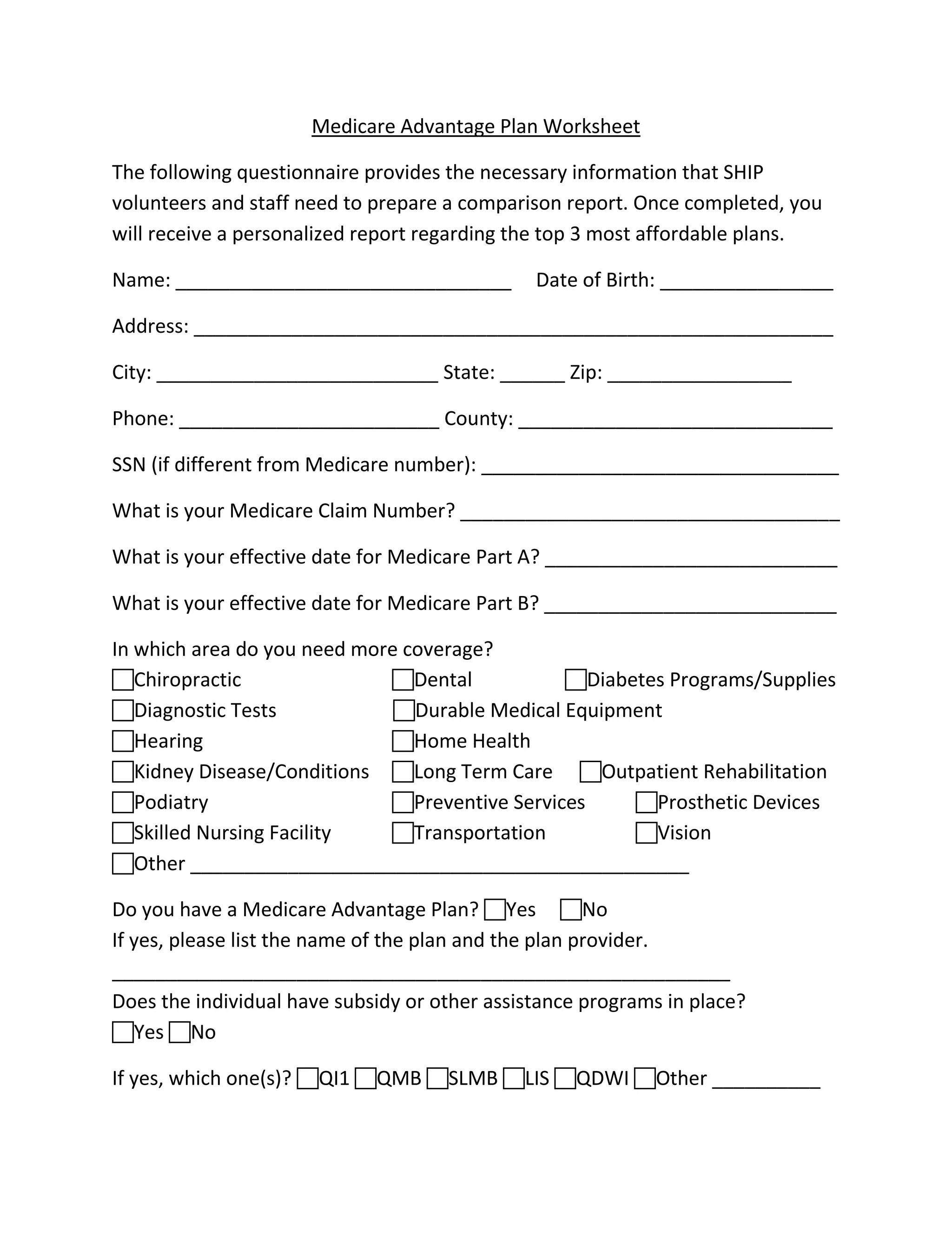 Medicare advantage plan worksheet | DOCX | Health Insurance | Insurance