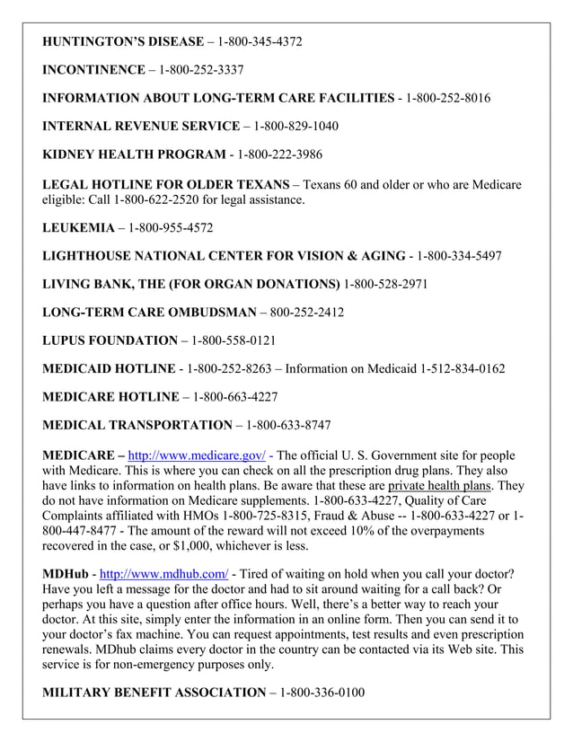 Medicare Helpful Numbers and Websites | PDF