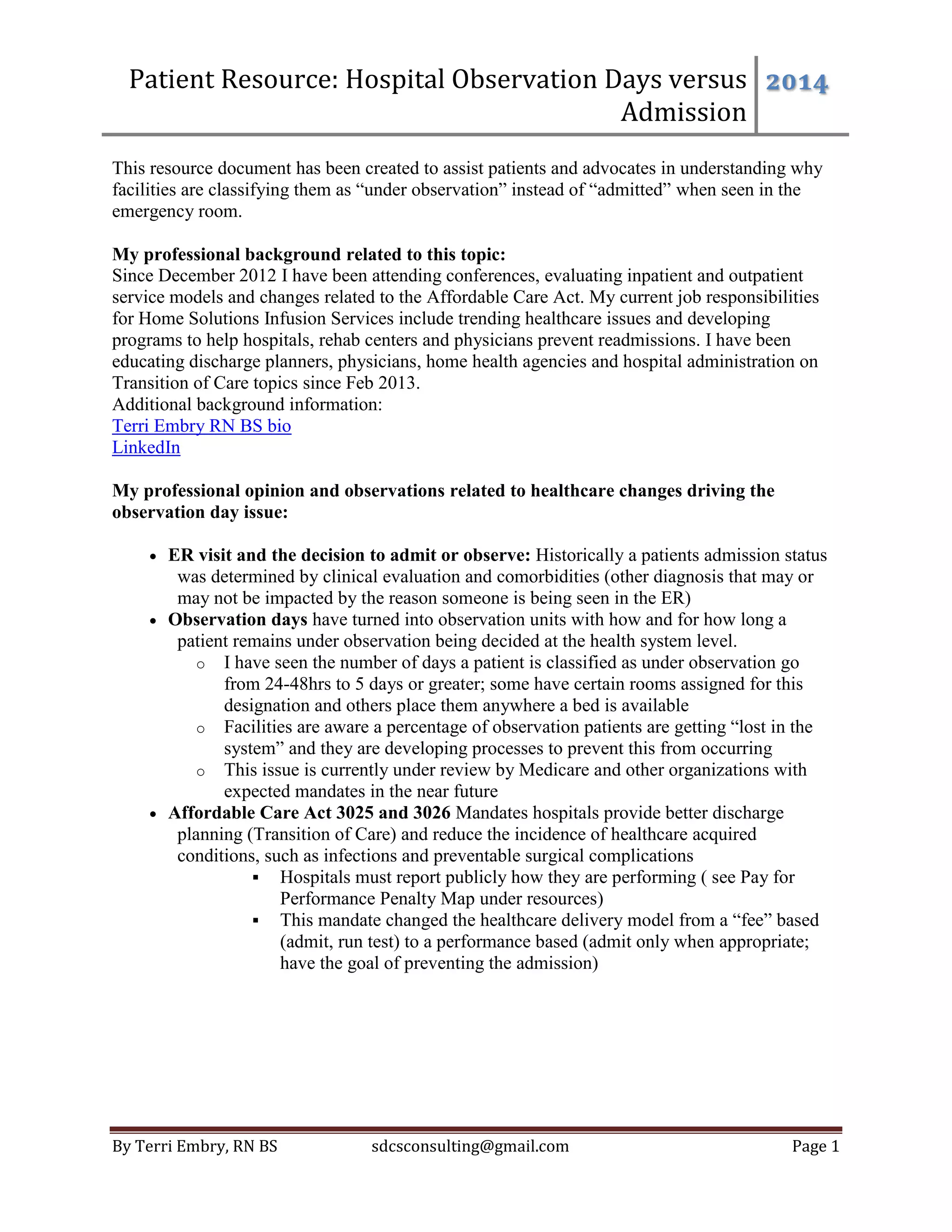 Patient Resource: Medicare Observation Versus Admit Days | PDF