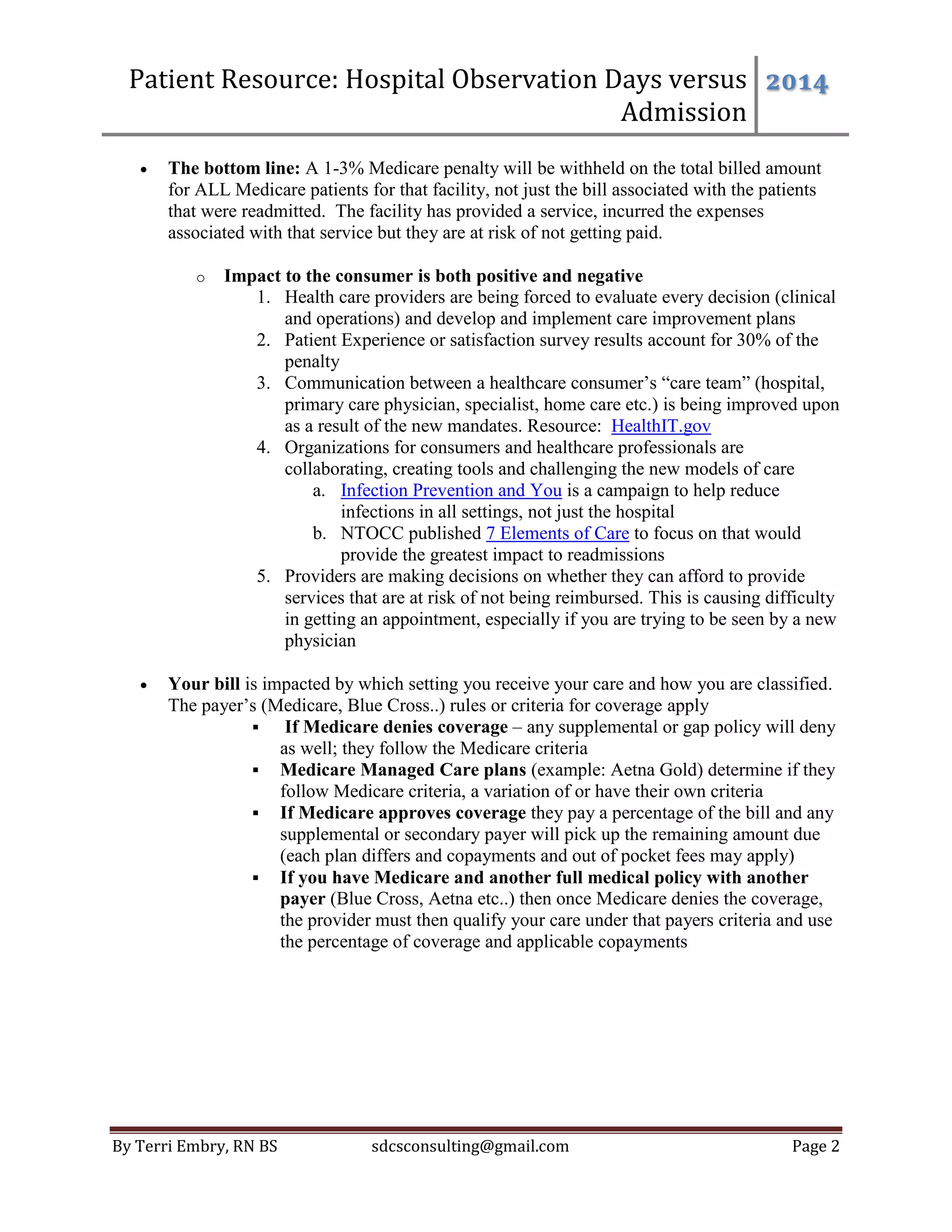 Patient Resource: Medicare Observation Versus Admit Days | PDF