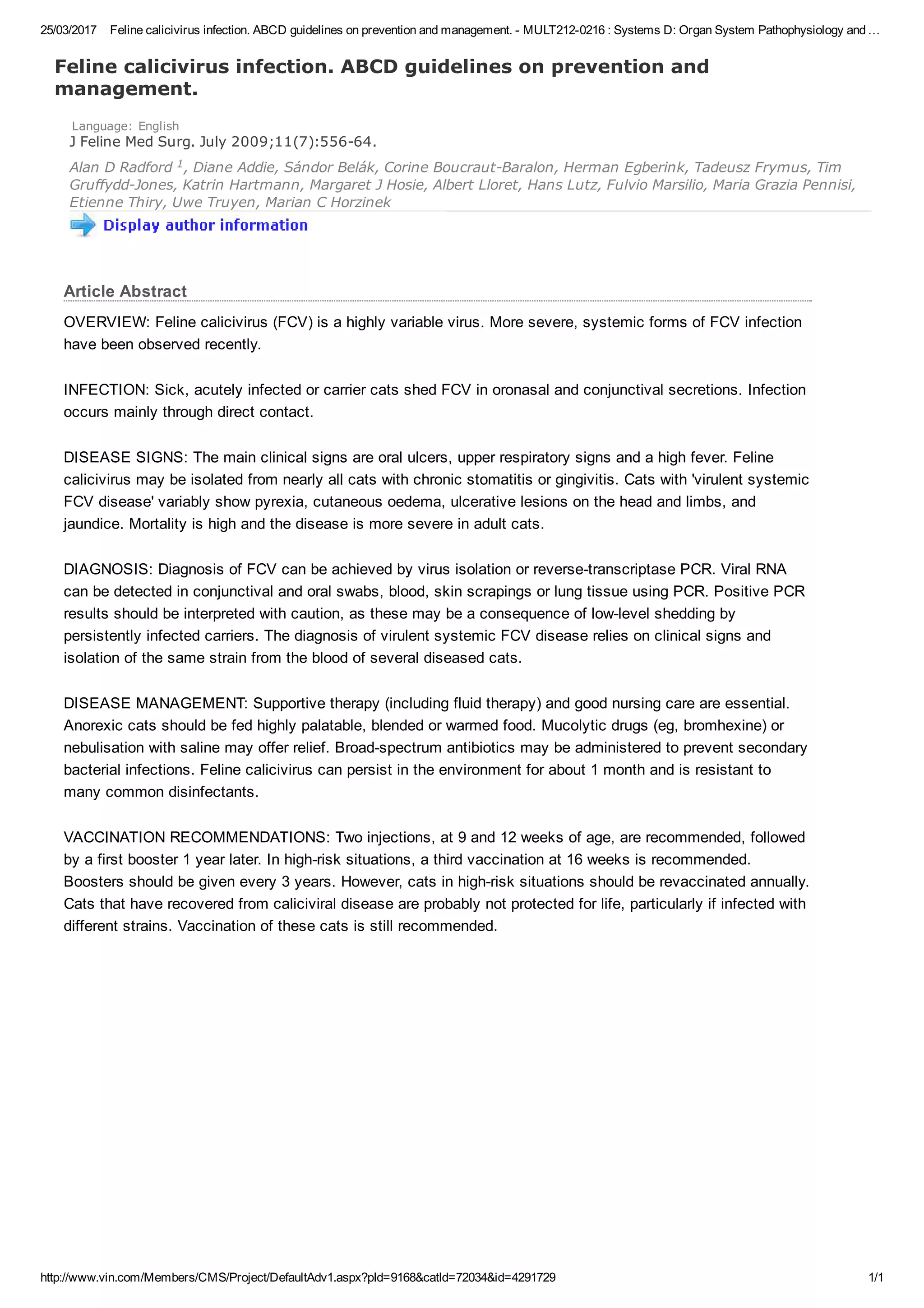 Medicina felina feline calicivirus infection. abcd guidelines on ...