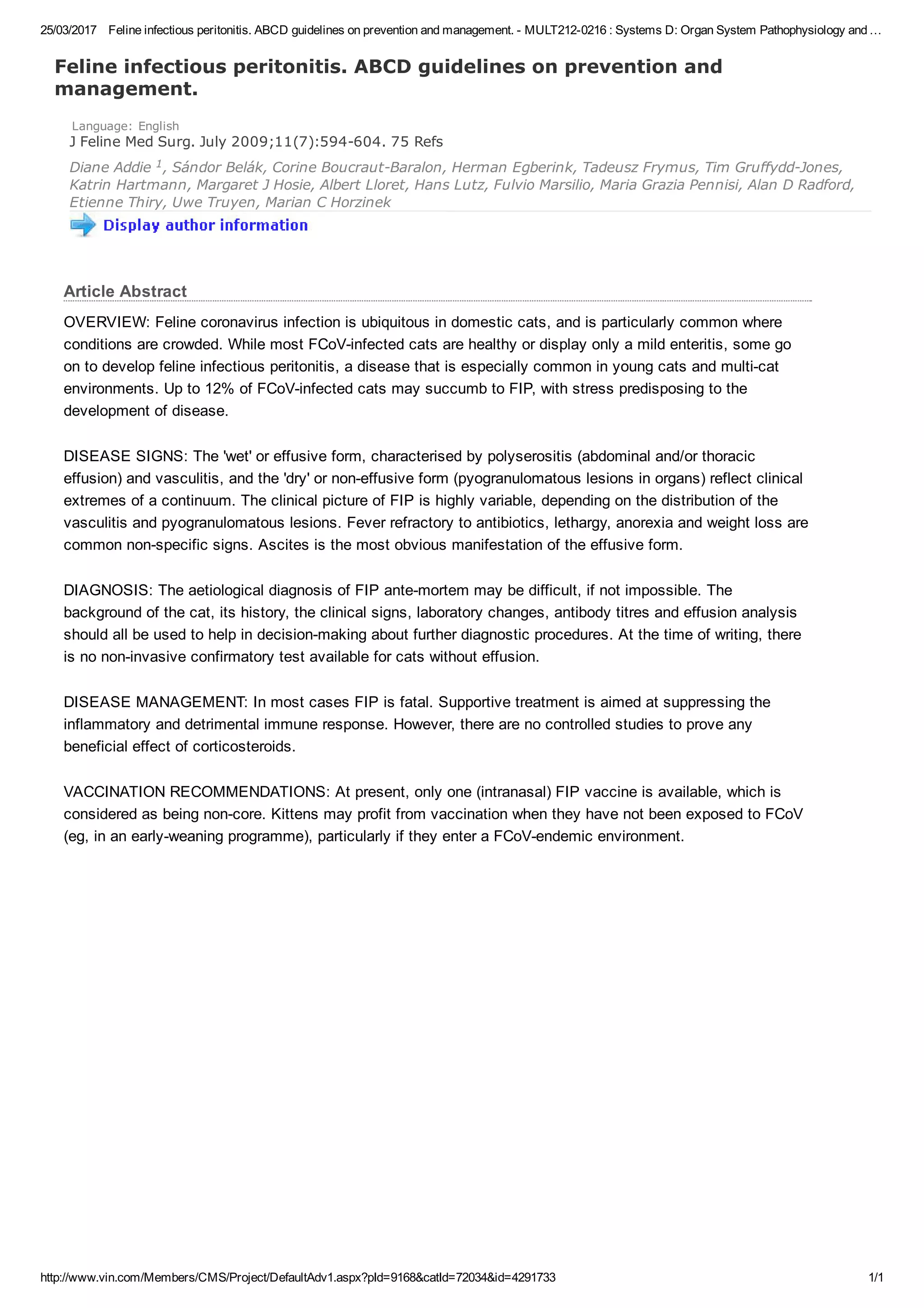 Medicina felina feline infectious peritonitis - resumé | PDF