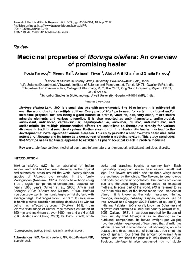 Medicinal properties of moringa oleifera | PDF