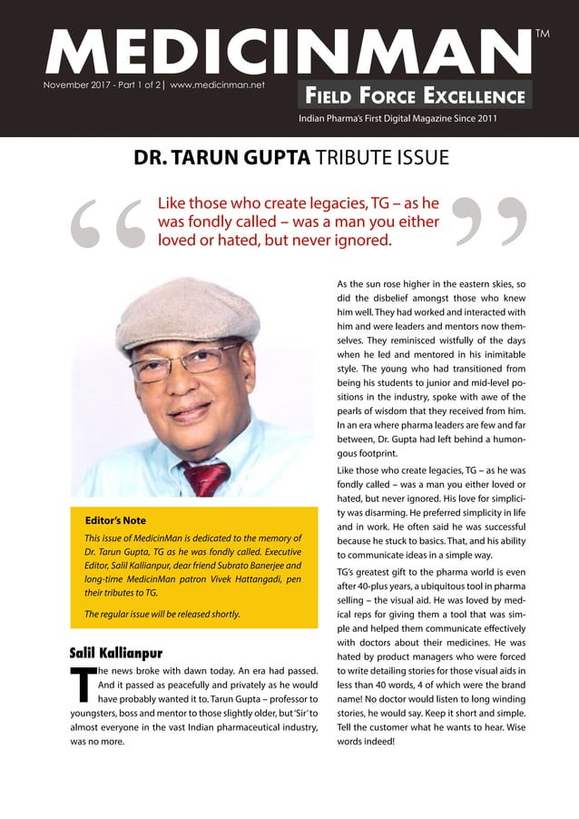 Tribute to Dr Tarun Gupta | PDF | Pharmaceutical Industry | Industries