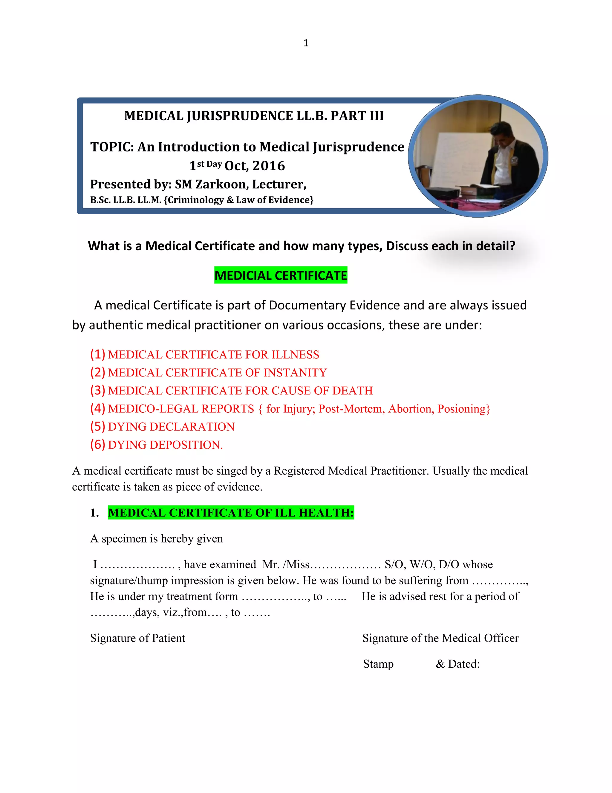 MEDICAL JURISPRUDENCE { Medico legal certificates} | PDF